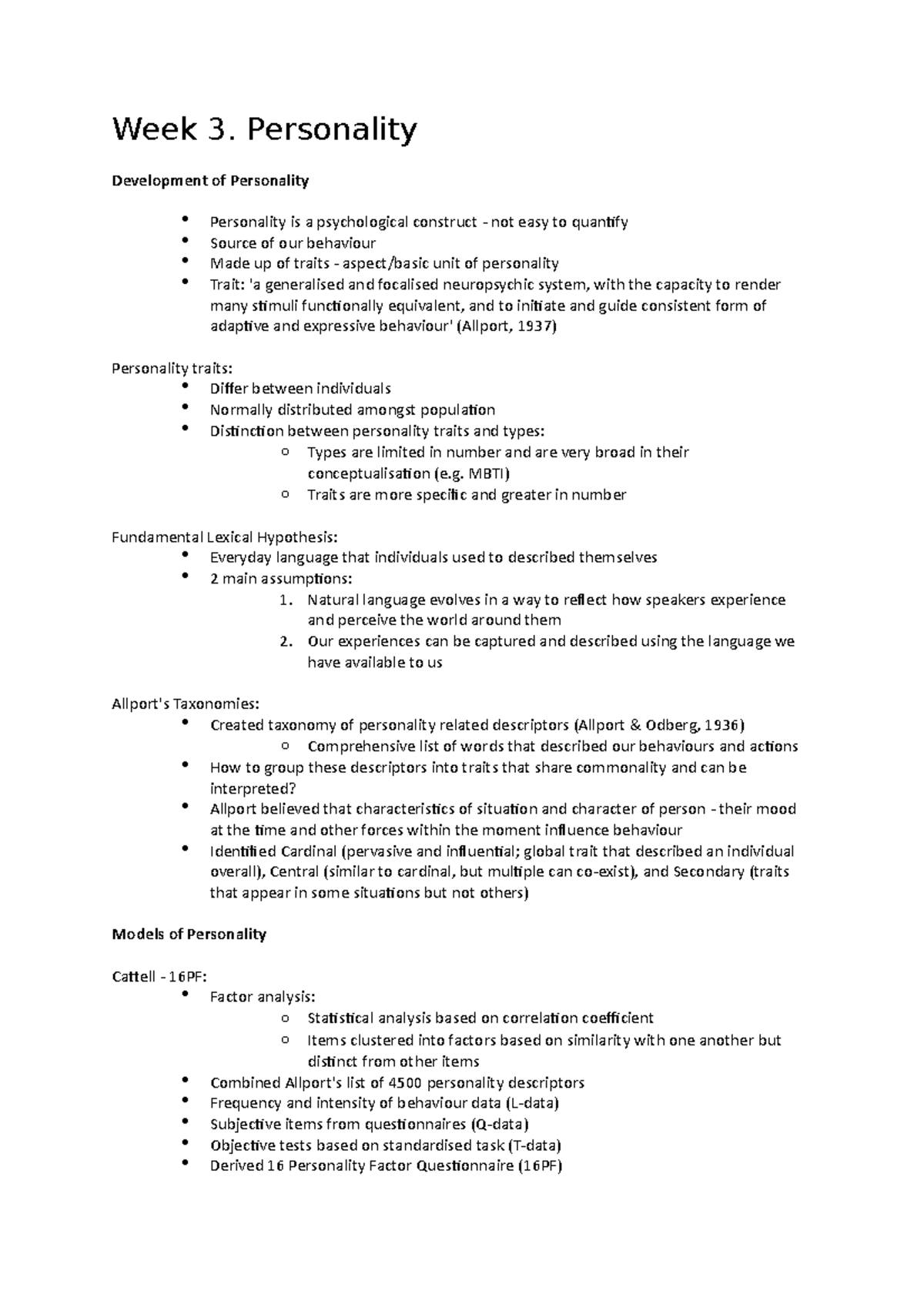 Week 3 - Organisational Psychology Lecture Notes - Week 3. Personality ...