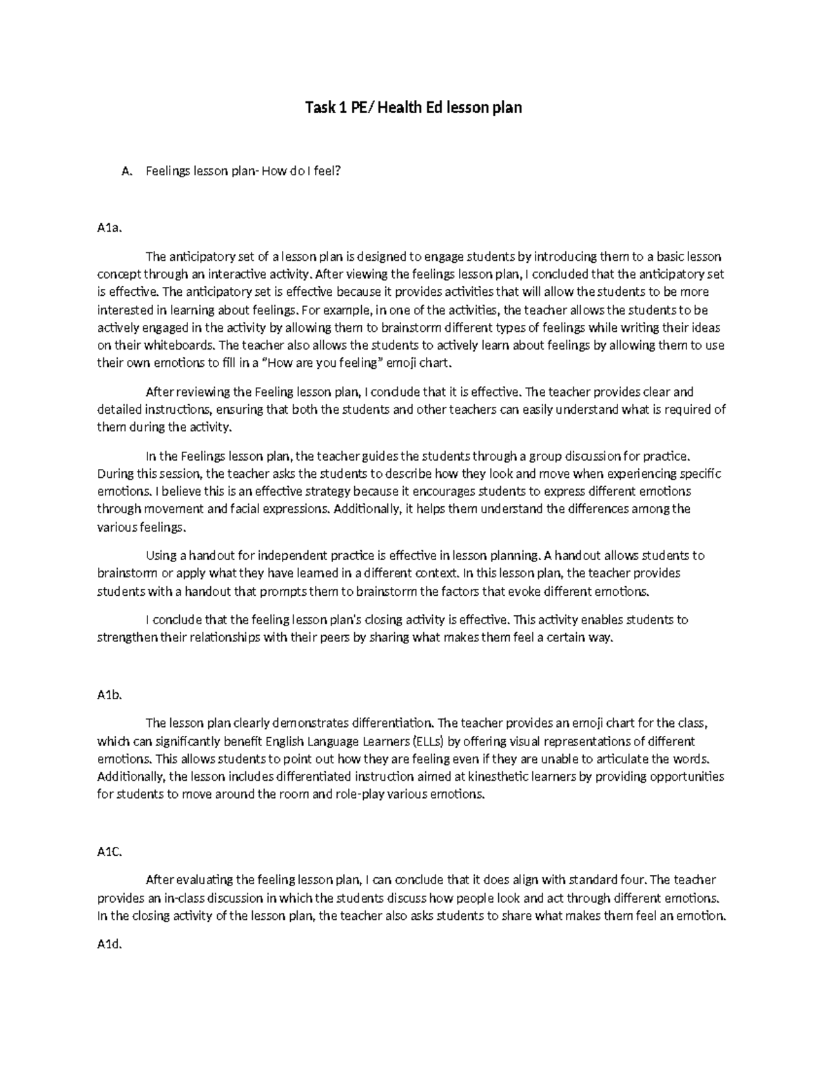 PE Lesson Plan - Passed 1st try! - Task 1 PE/ Health Ed lesson plan A ...