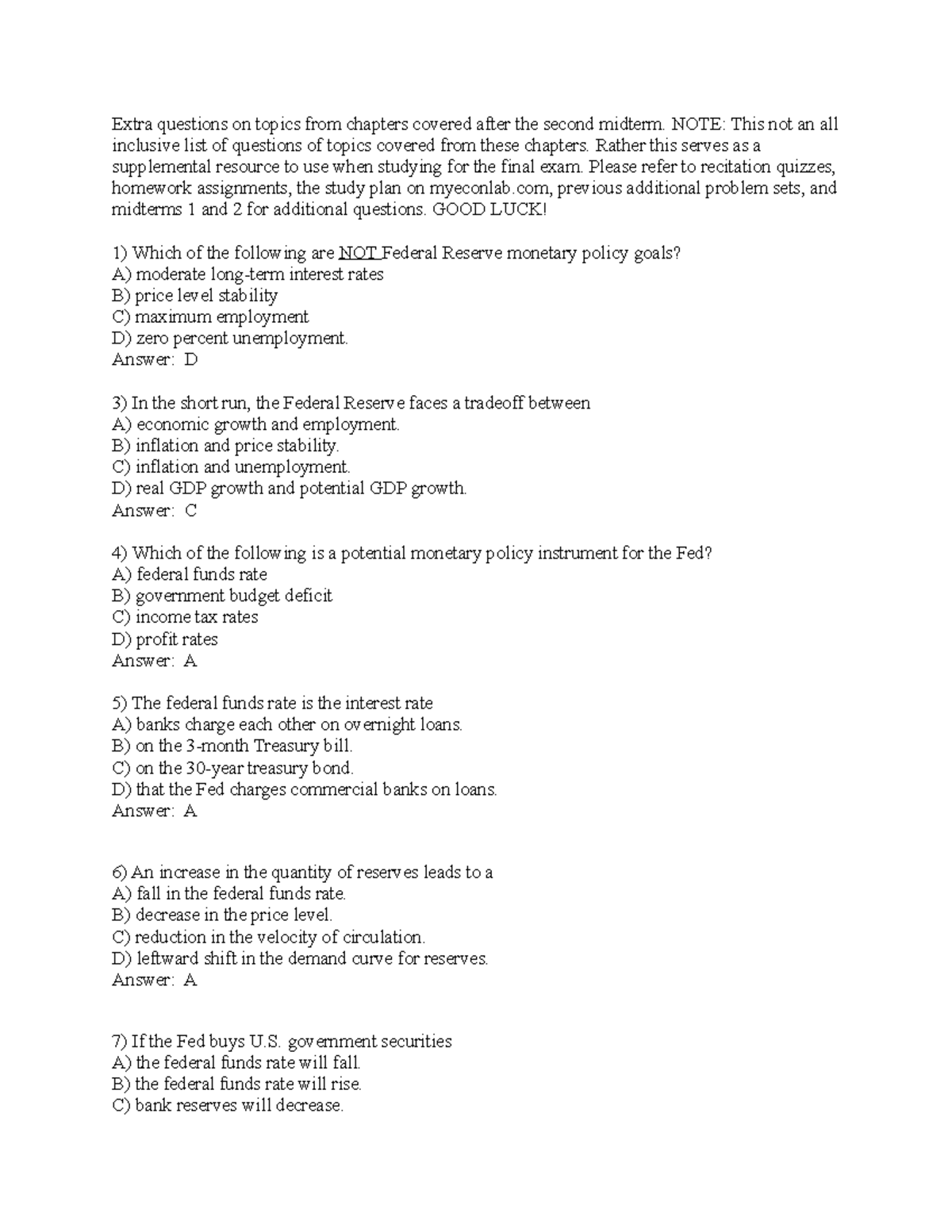 Final Exam Practice Problems Fall 2020 - Extra questions on topics from chapters covered after ...