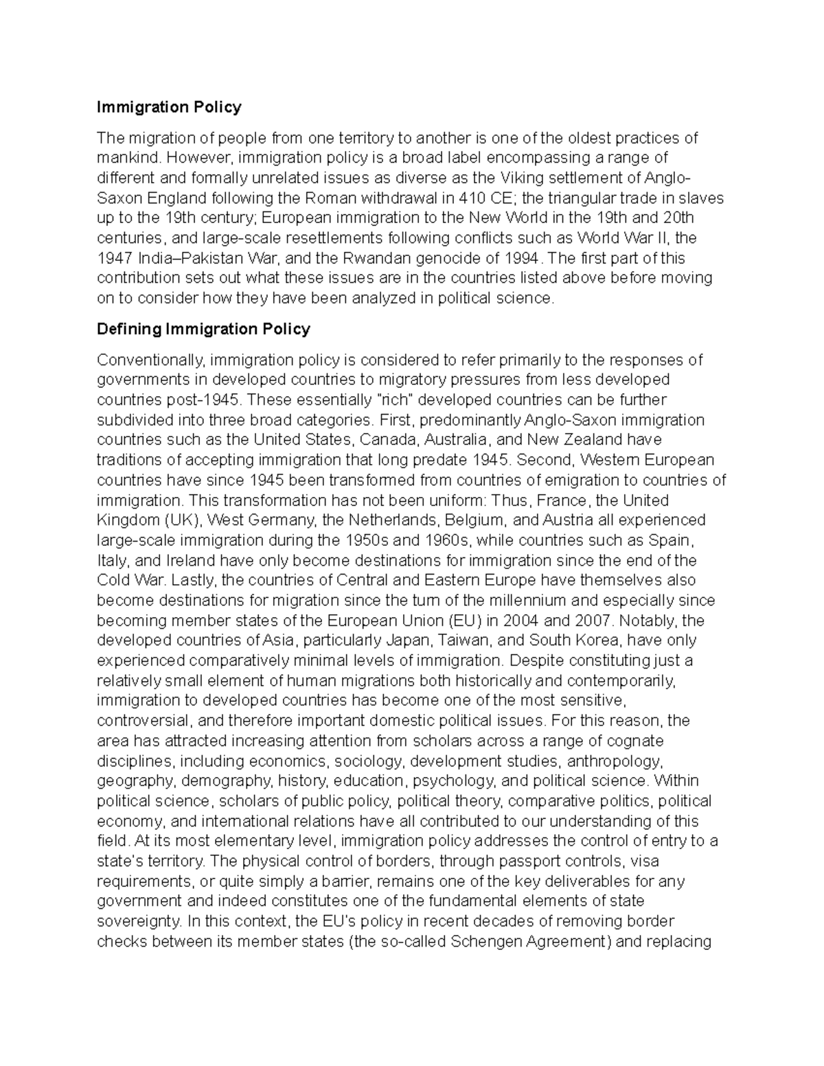 Immigration Policy - Immigration Policy The migration of people from ...