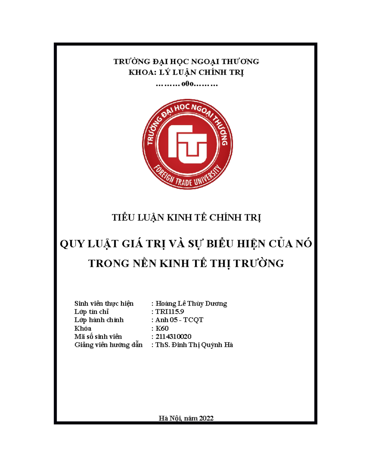 Tieu luan ktct Qha - Tieu luan ktct Qha - TRƯỜNG ĐẠI HỌC NGOẠI THƯƠNG KHOA: LÝ LUẬN CHÍNH TRỊ ...