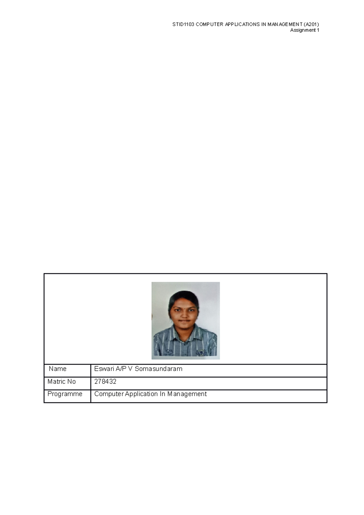 Assignment Individual Computer Application For Sem1 Assignment 1 Name Eswari Ap V