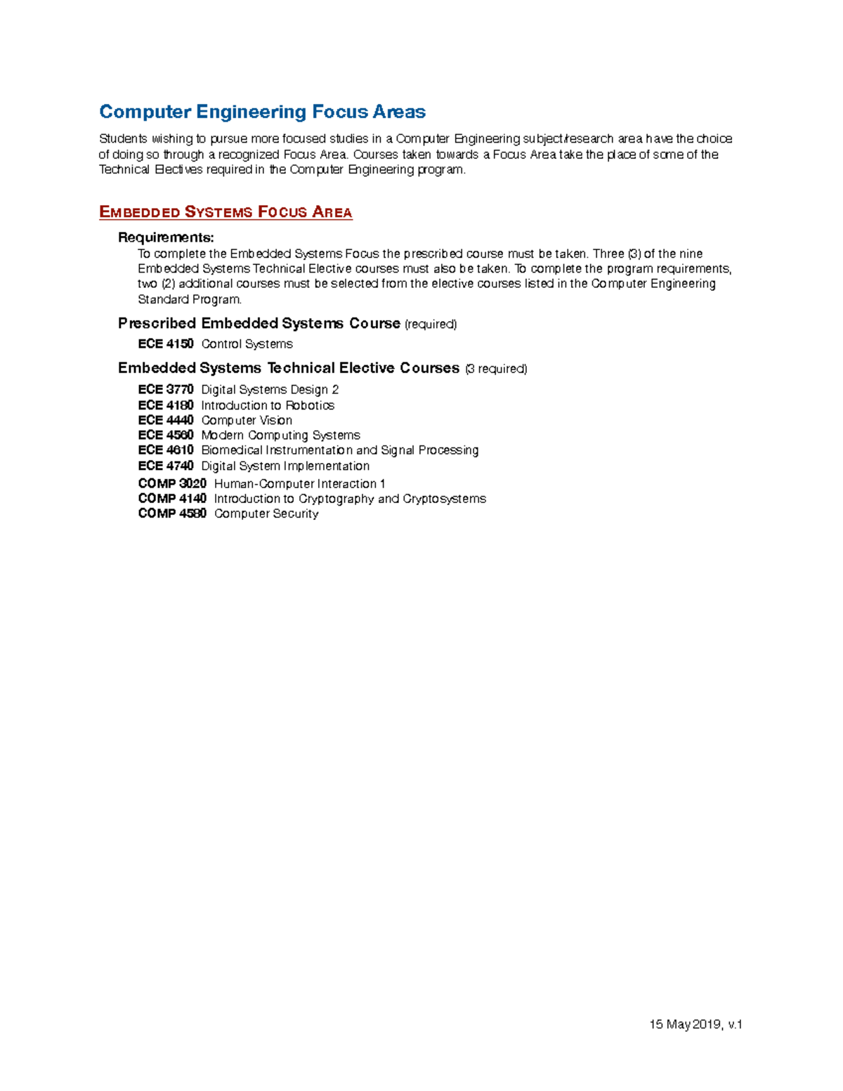 2020-2021 Embedded Systems Focus Area - Computer Engineering Focus Areas Students wishing to ...