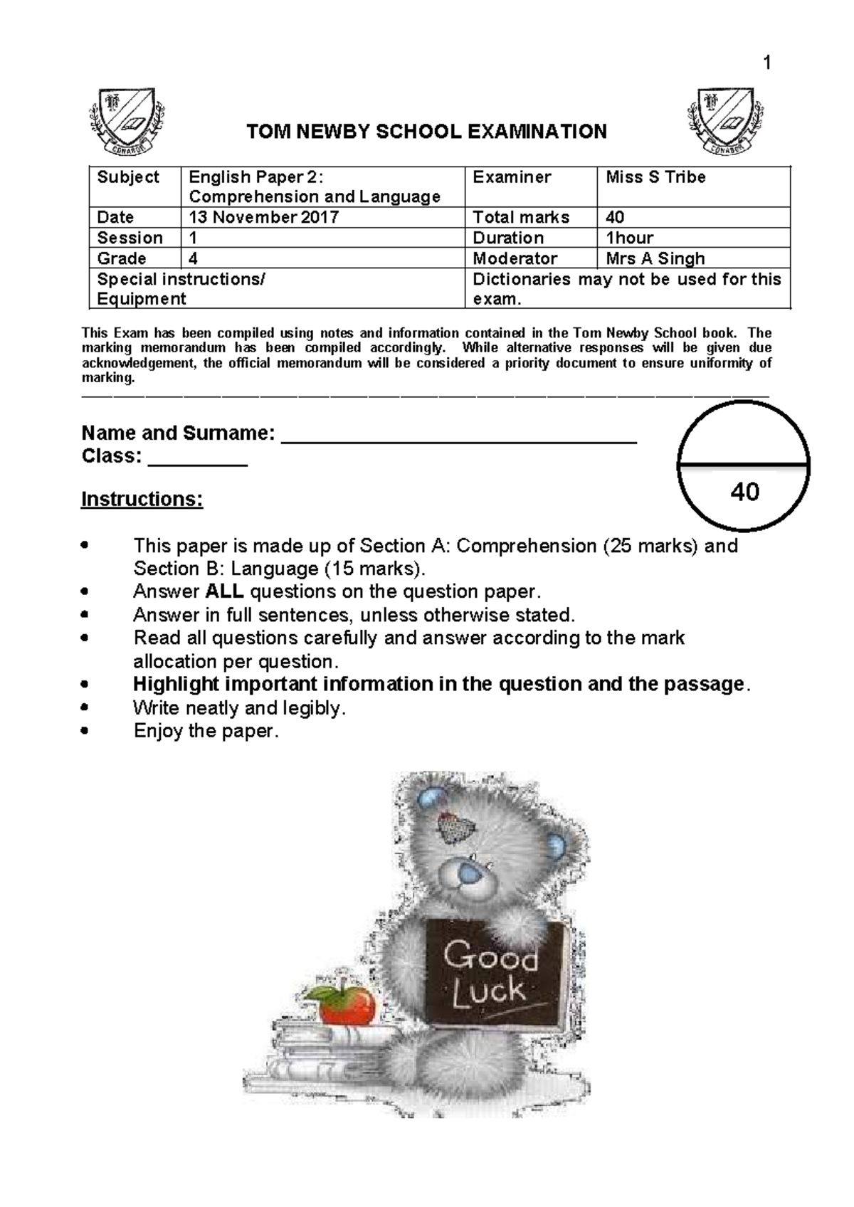 GR 4 ENG P2 NOV EXAM 2017 AS - TOM NEWBY SCHOOL EXAMINATION Subject ...