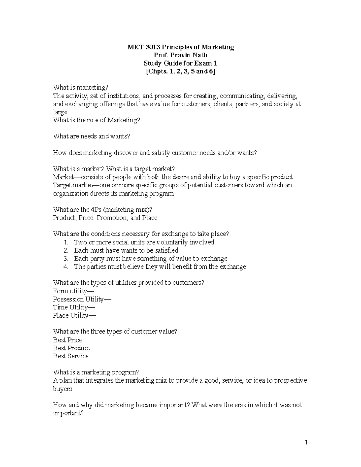 Study guide 1 - Summary Principles Of Marketing - MKT 3013 Principles ...