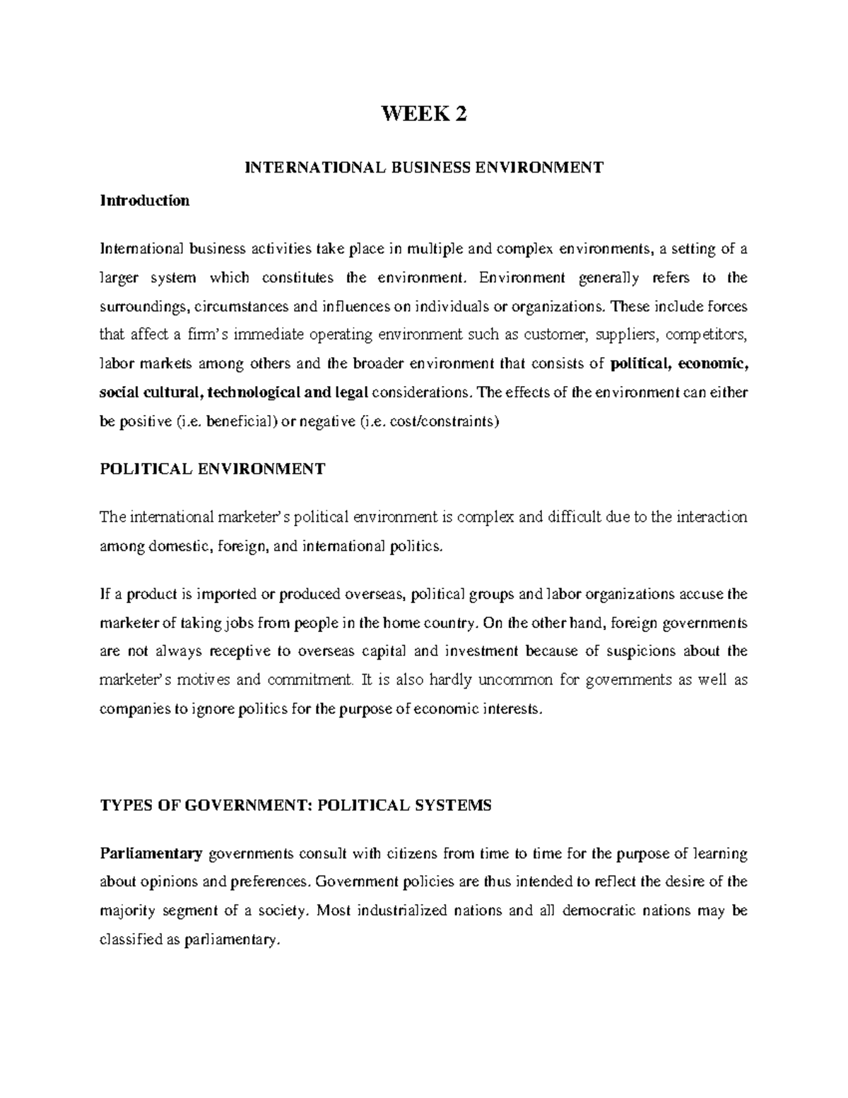 WEEK 2 - IBM - WEEK 2 INTERNATIONAL BUSINESS ENVIRONMENT Introduction ...