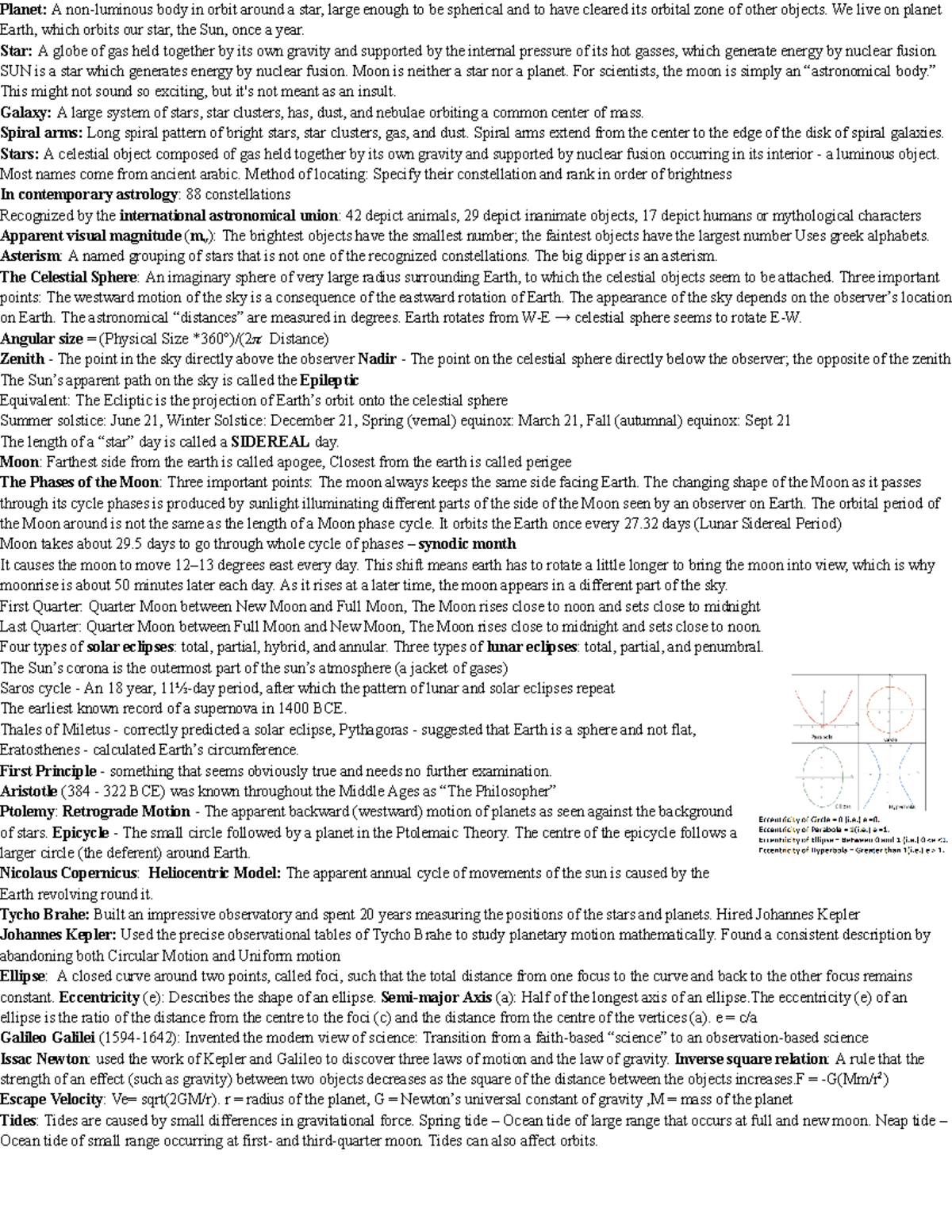 Astronomy Cheat Sheet - Planet: A non-luminous body in orbit around a ...