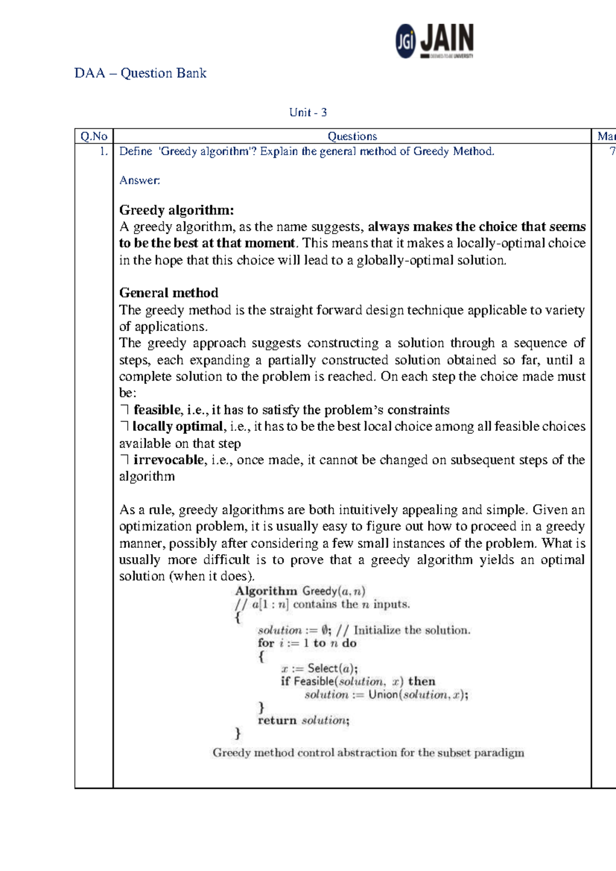 Unit 3 Qb With Solution Module Unit 3 Q Questions Mar 1 Define Greedy Algorithm