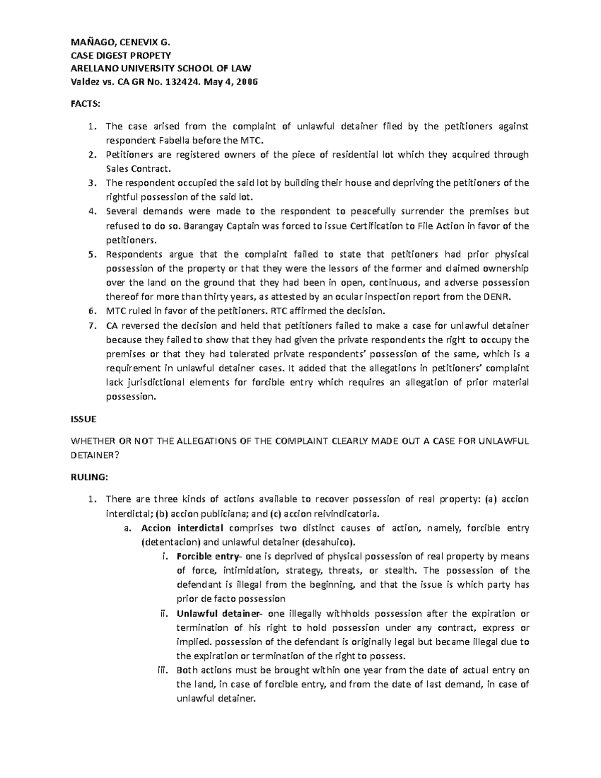 Valdez vs Fabella - Cases on Property Law - CASE DIGEST PROPETY ...