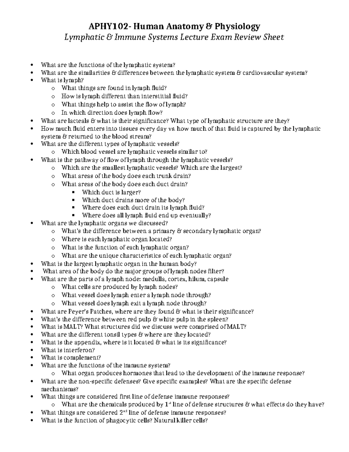 Lymphatic & Immune Systems Lecture Study Guide - APHY102- Human Anatomy ...