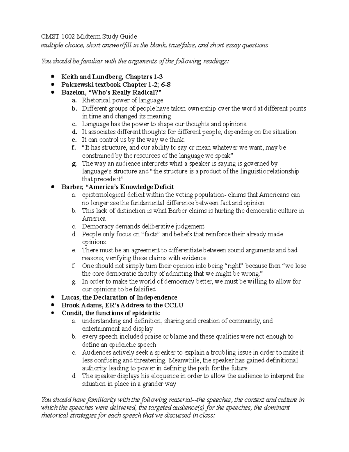 Midterm Study Guide - Courtney Travers - CMST 1002 Midterm Study Guide multiple choice, short ...