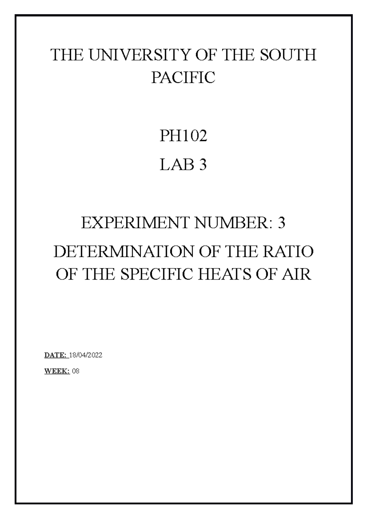 Determination OF THE Ratio OF THE Specific Heats OF AIR - THE ...