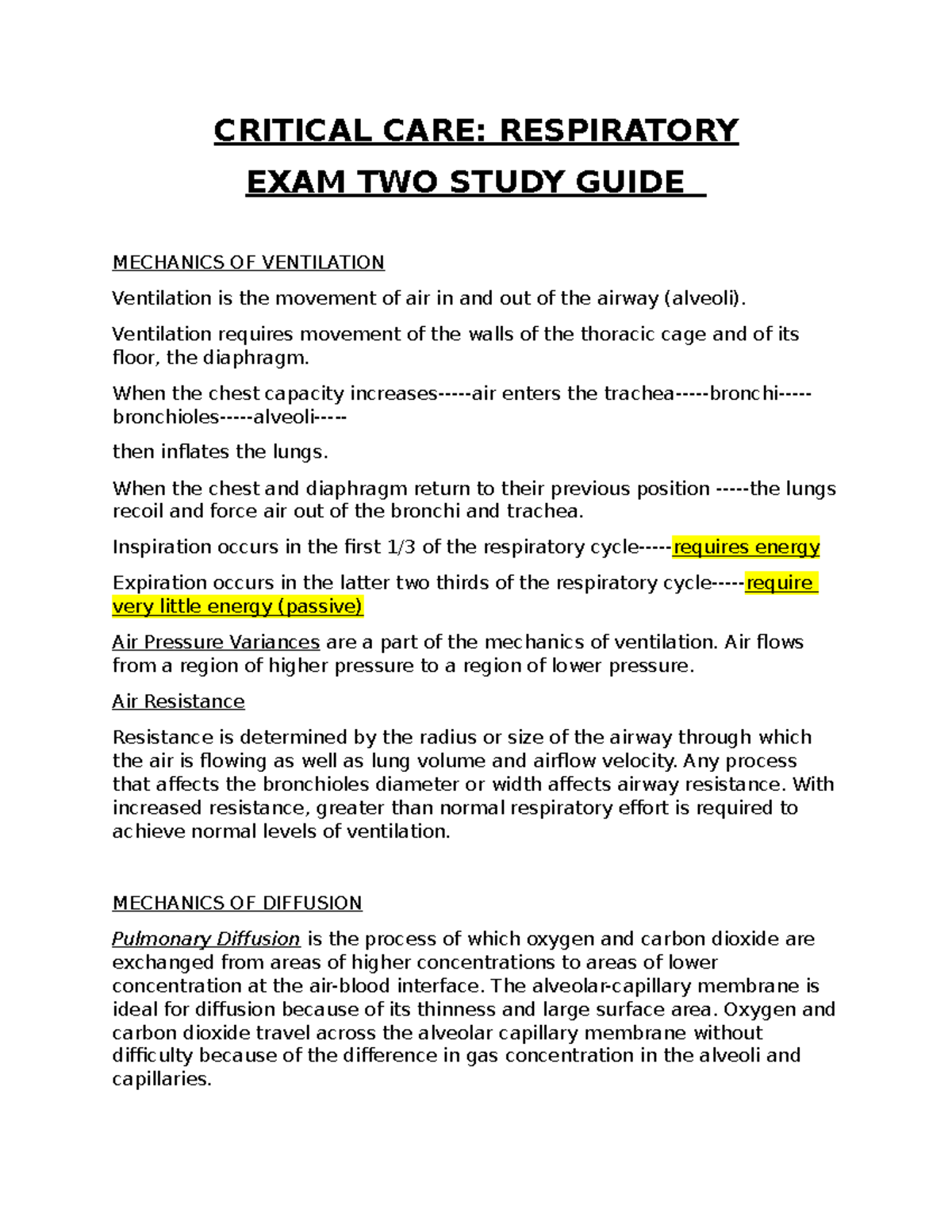 Respiratory Study Guide- Critical Care 6 - CRITICAL CARE: RESPIRATORY EXAM TWO STUDY GUIDE ...