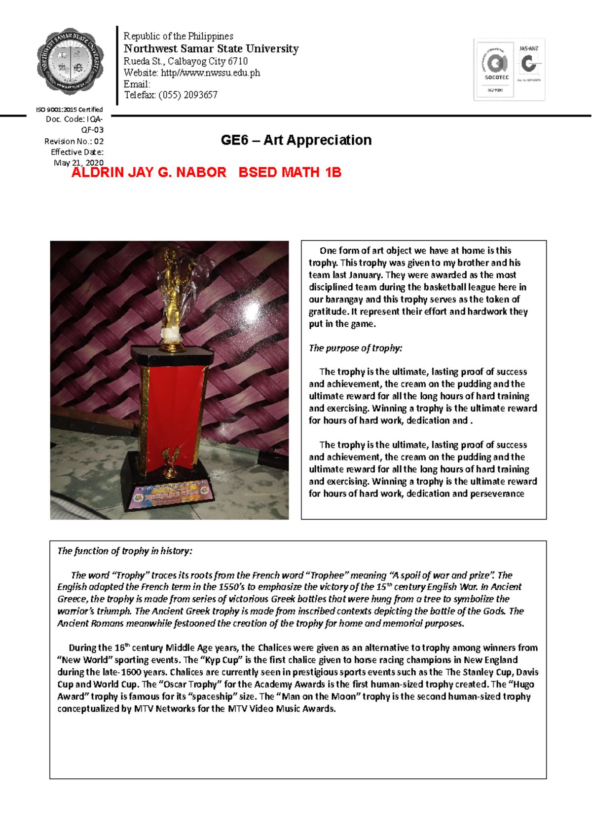Activity 2 - ISO 9001:2015 Certified Doc. Code: IQA- QF- Revision No ...
