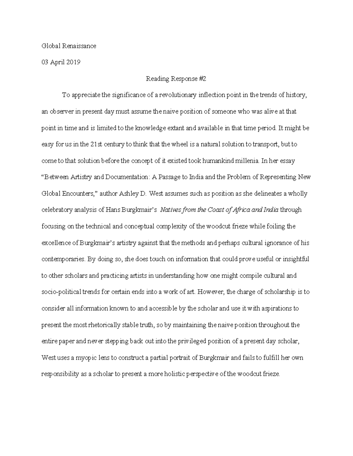 Global Renaissance - Reading Response 2 - Global Renaissance 03 April ...