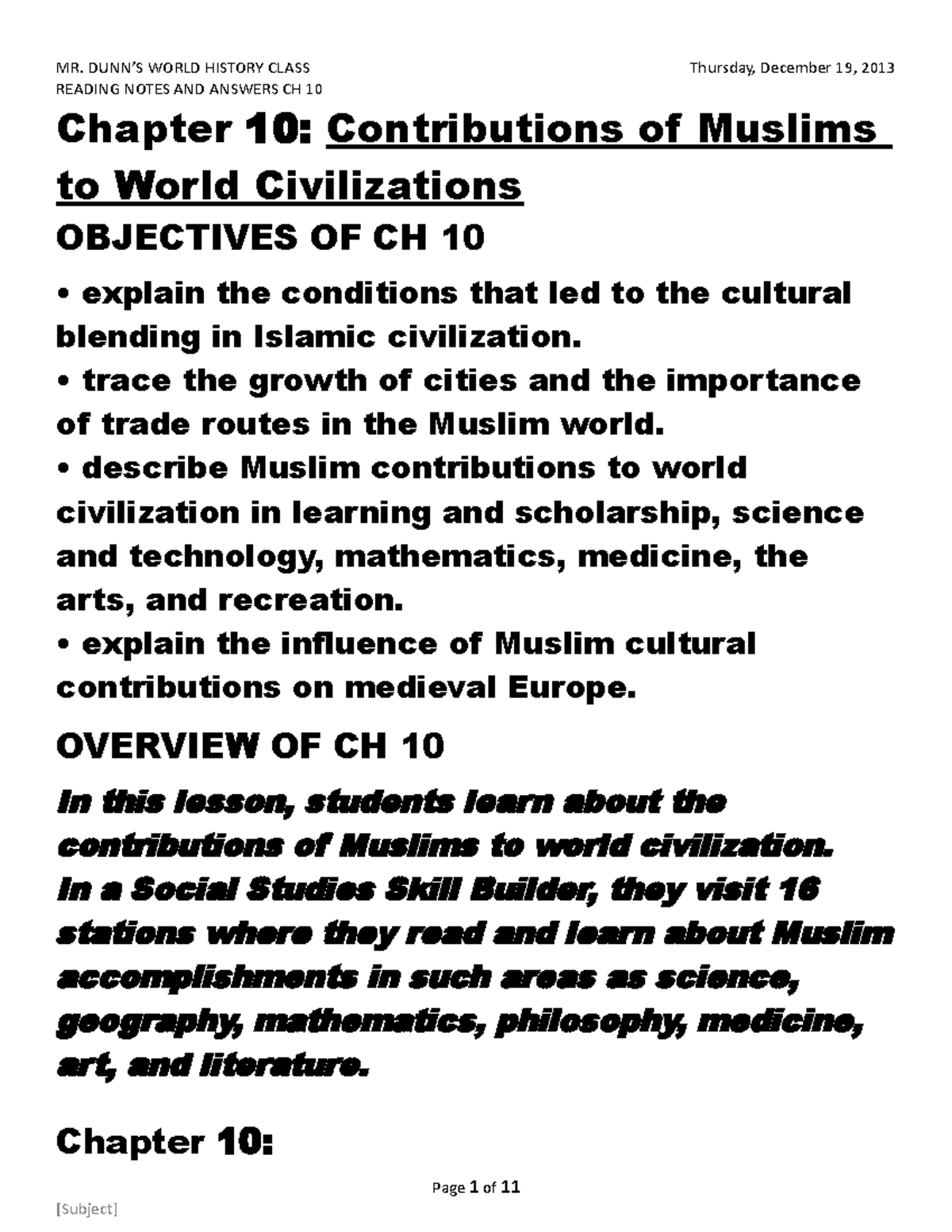 Unit 2 ch 10 notes - yes - Chapter 10 : Contributions of Muslims to ...