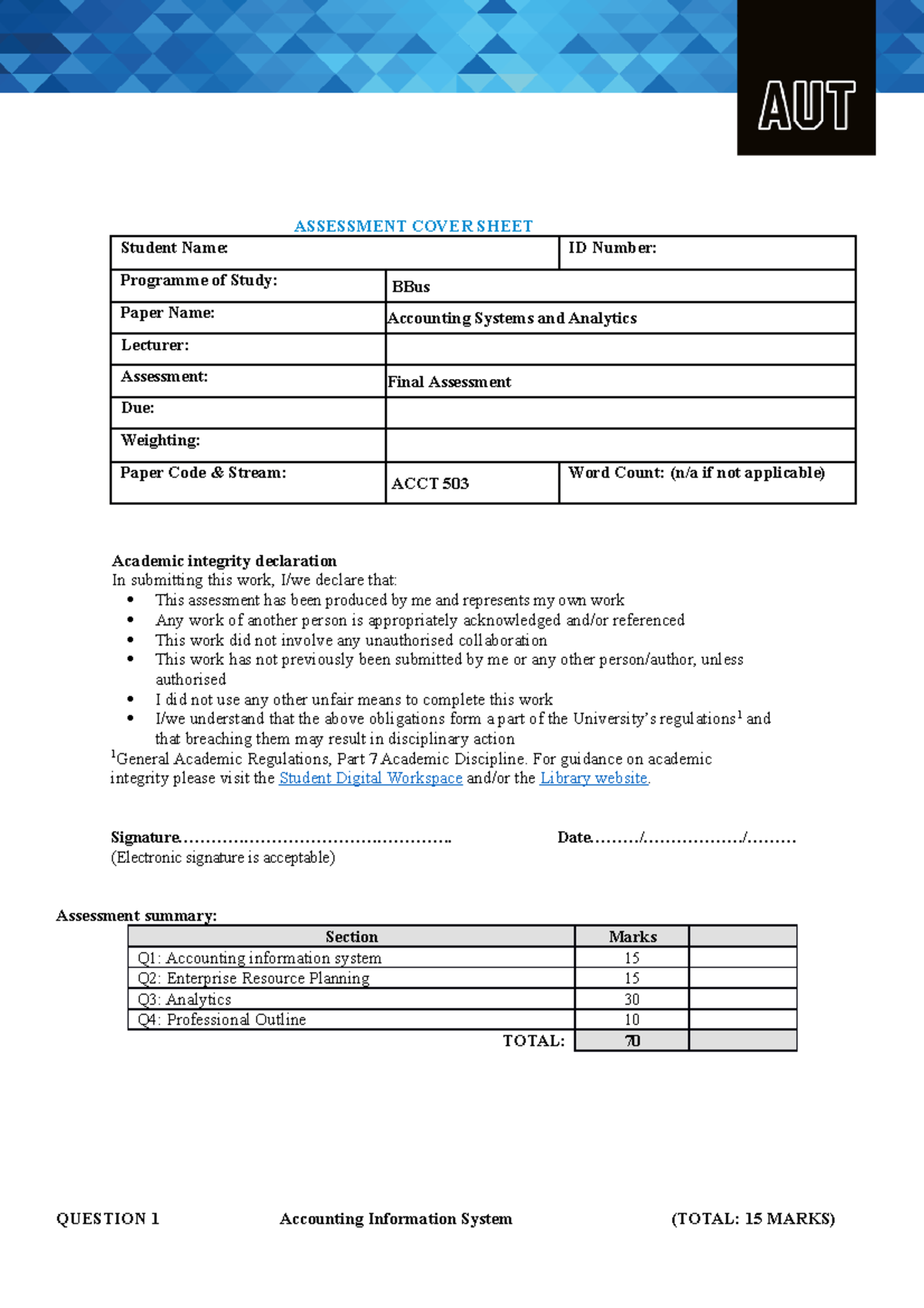 ACCT 503 S1 2020 Final Assessment - ASSESSMENT COVER SHEET Student Name ...
