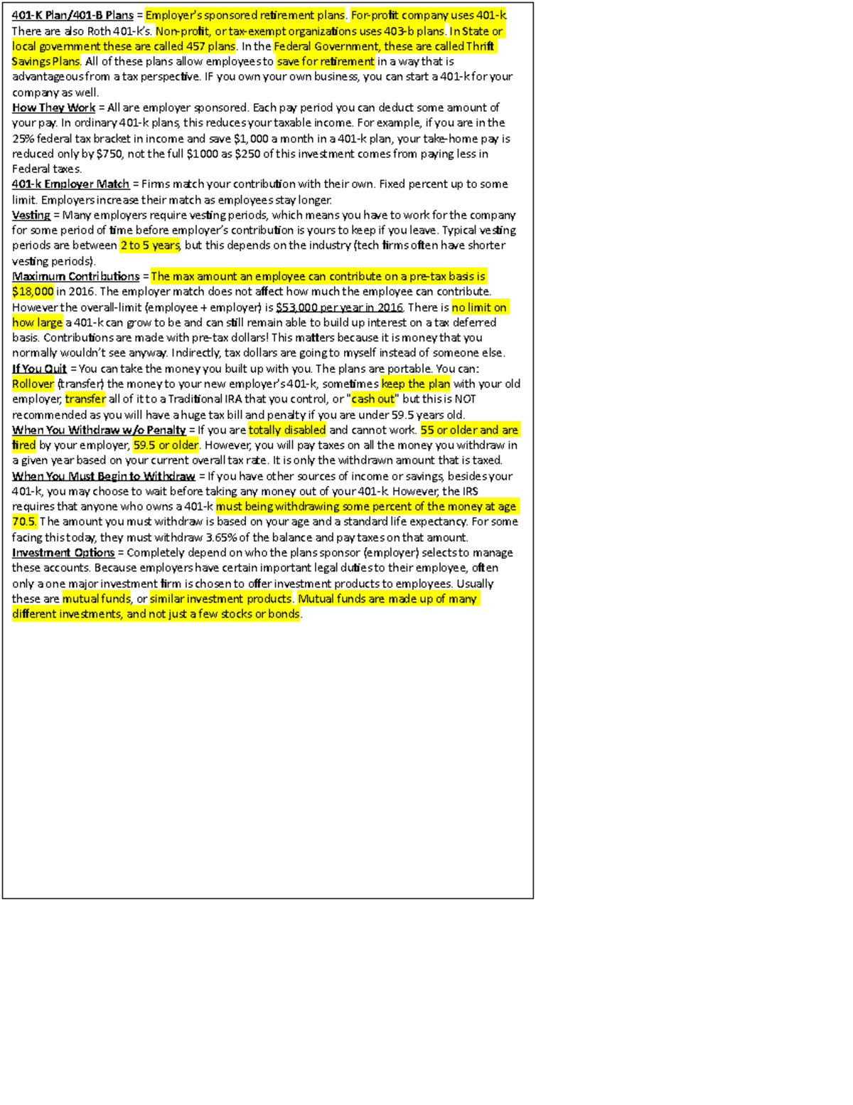 FIN101 401-k Notes - 401-K Plan/401-B Plans = Employer's sponsored ...