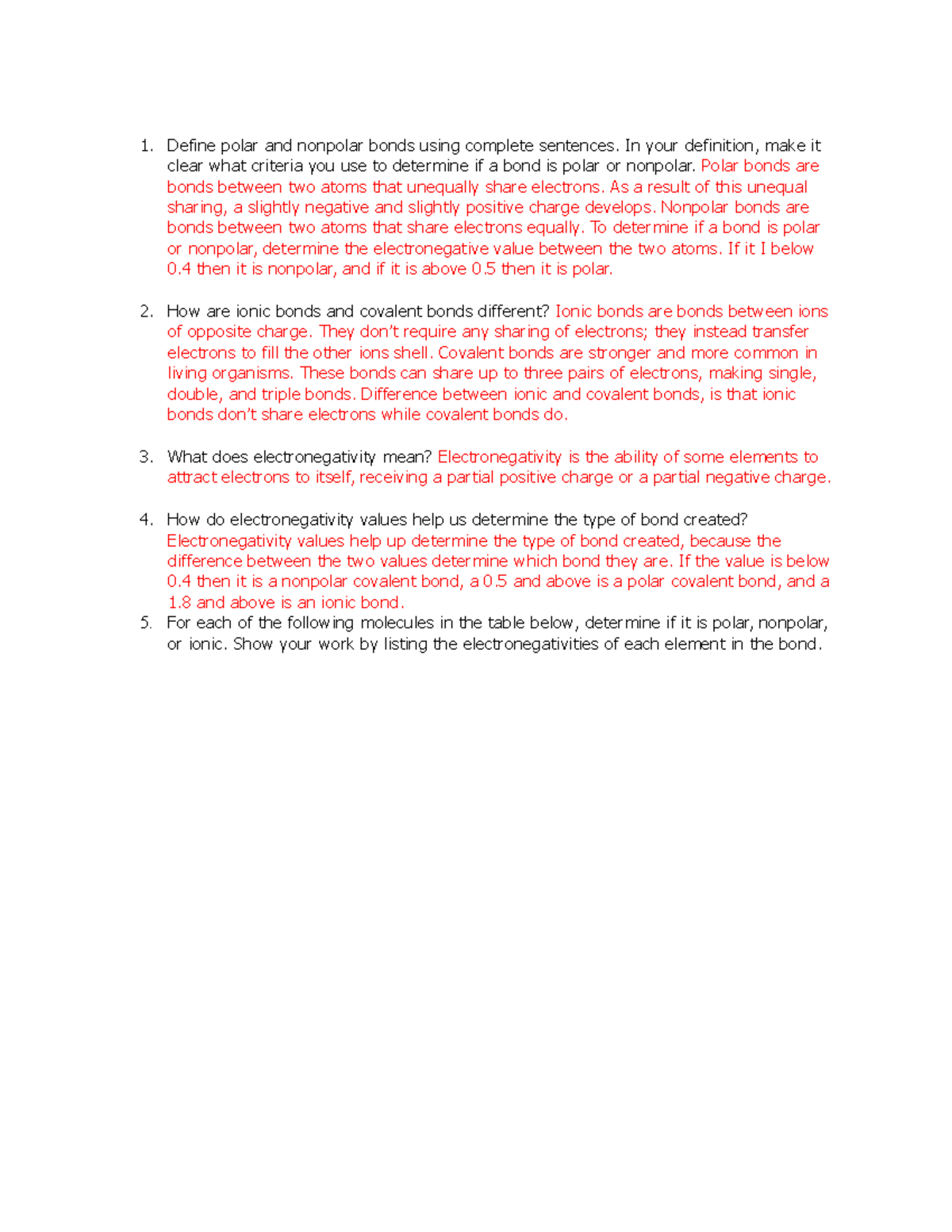 Define polar and nonpolar bonds using complete sentences - 1. Define ...