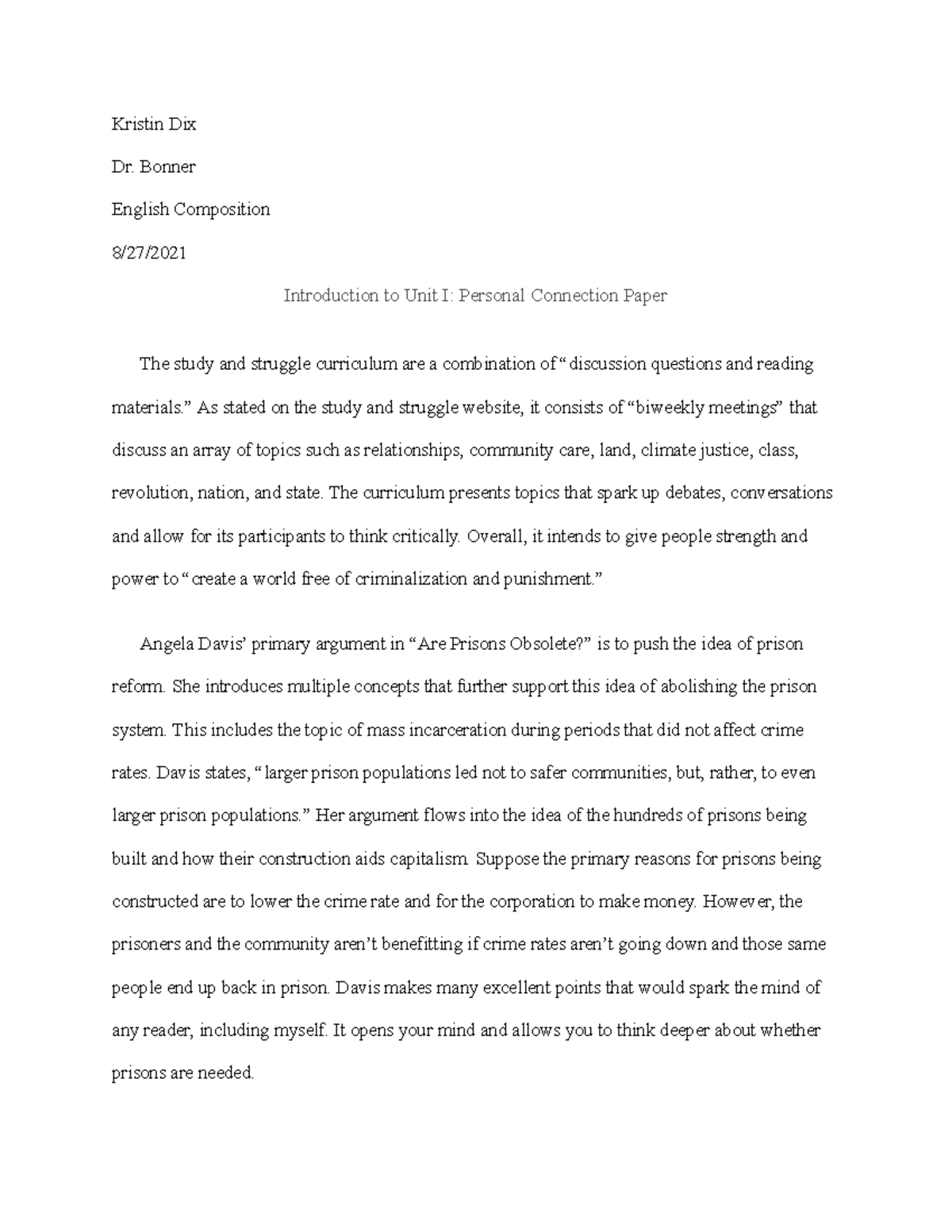 Reading Response #1 8 - Kristin Dix Dr. Bonner English Composition 8/27 ...