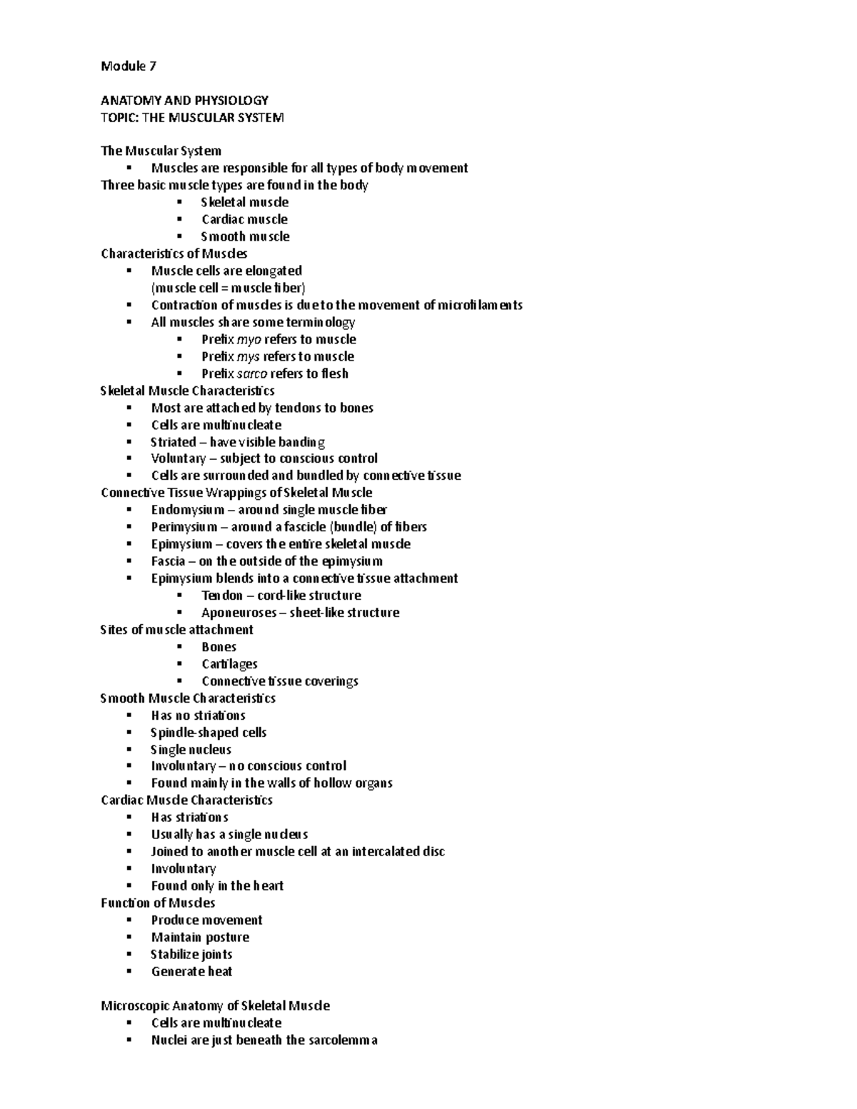 Module 10 Handouts Muscular System - Module 7 ANATOMY AND PHYSIOLOGY ...