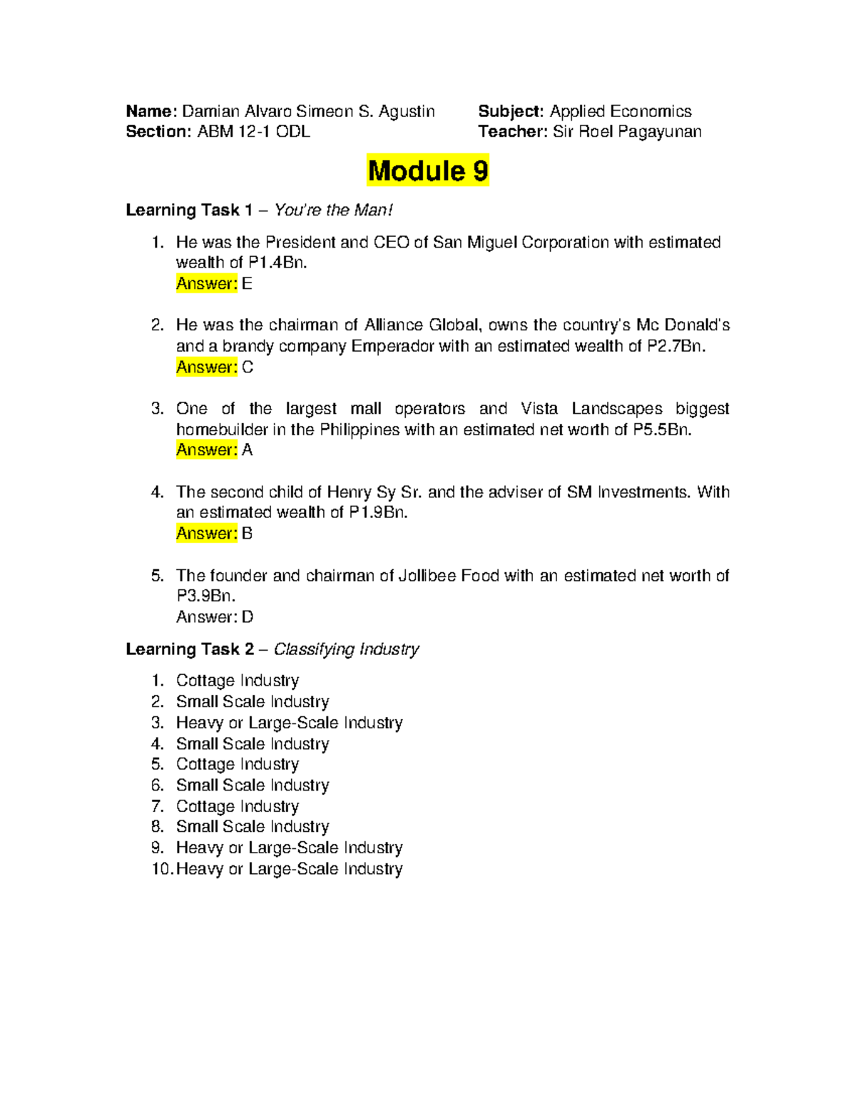 Agustin ABM12-1ODL Module 9 - Name: Damian Alvaro Simeon S. Agustin ...