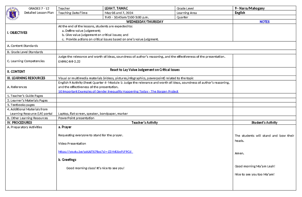 Grades 9 LAY Value Judgment - GRADES 7 - 12 Detailed Lesson Plan ...