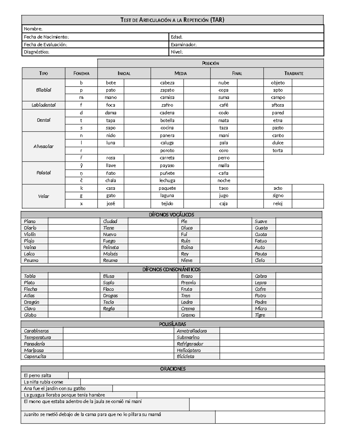 07 TAR - TEST DE ARTICULACIÓN A LA REPETICIÓN (TAR) Nombre: Fecha de ...