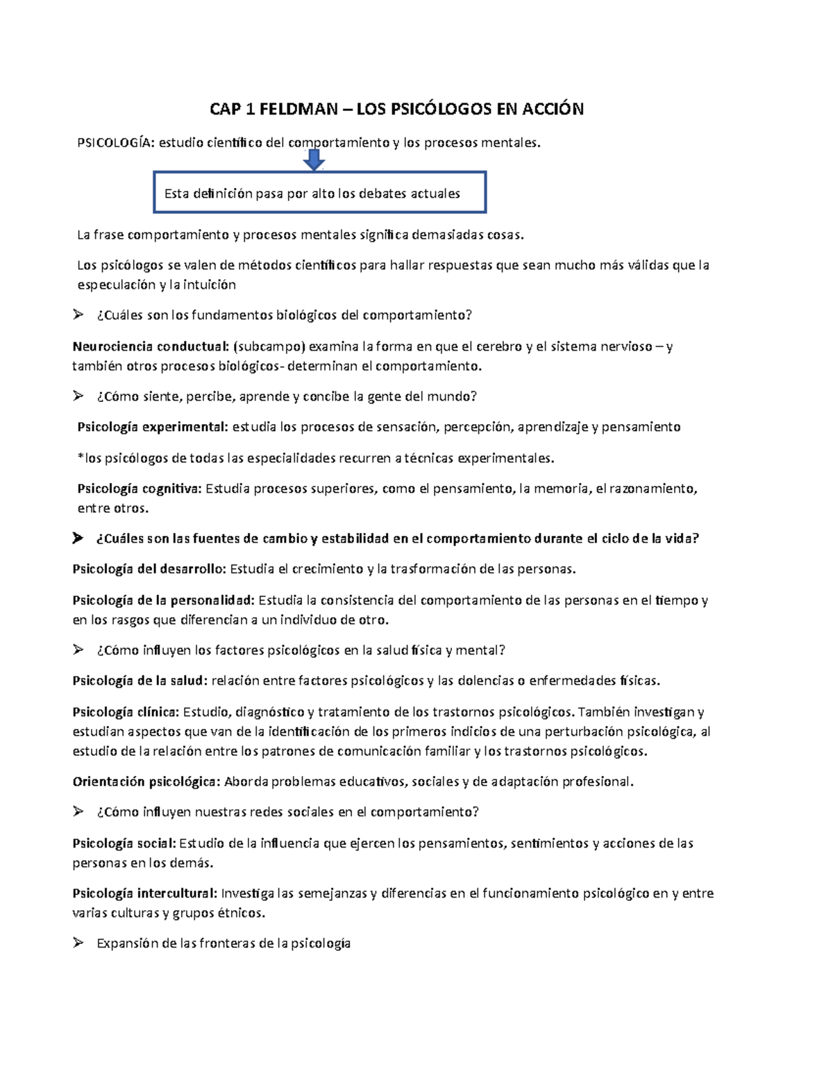 Resumen feldman, los psicólogos en acción - CAP 1 FELDMAN LOS EN estudio del comportamiento y ...
