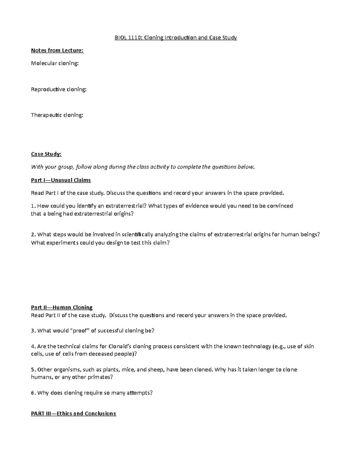 BIOL 1110 Cloning Case Study - BIOL 1110: Cloning Introduction and Case ...