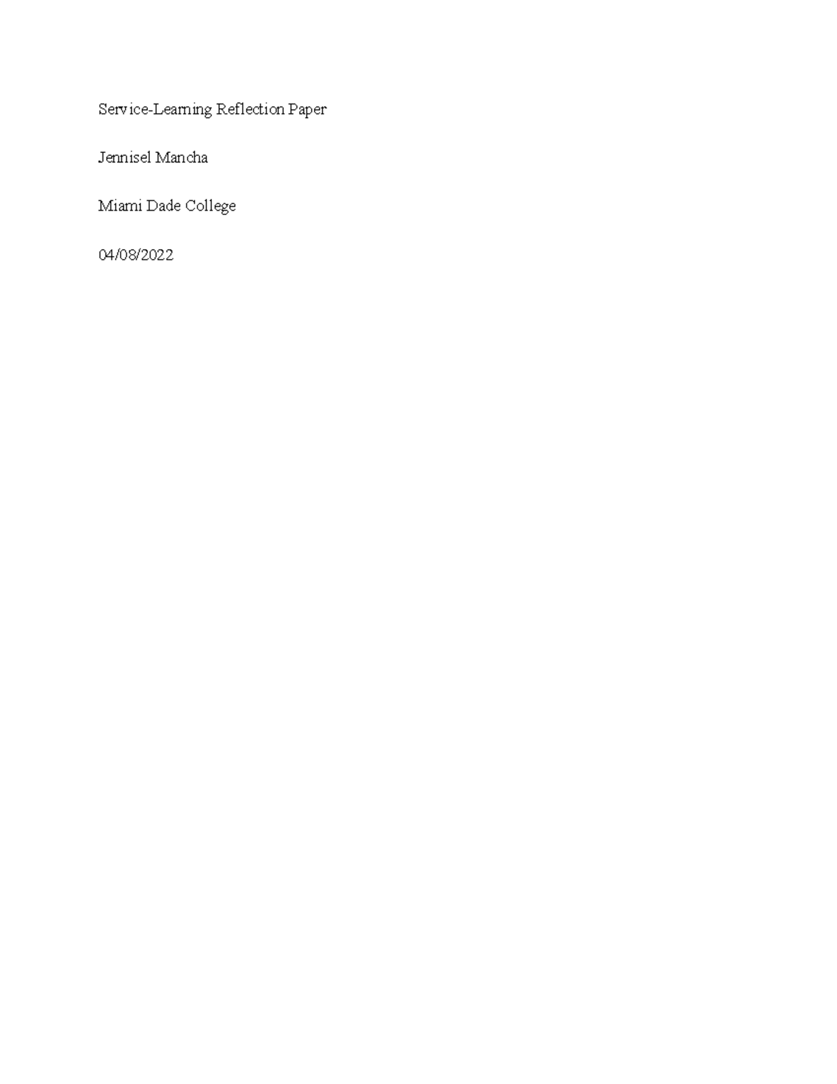Service learning reflection paper - Service-Learning Reflection Paper ...