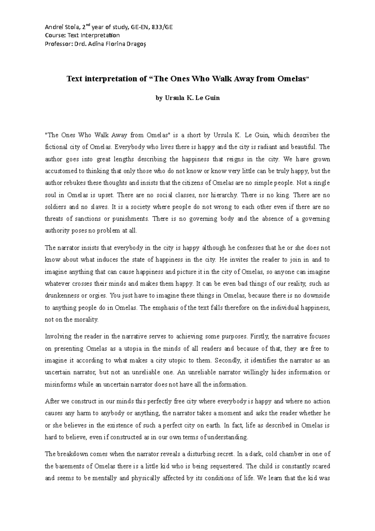 Essay Text Interpretation - Course: Text Interpretation Professor: Drd ...