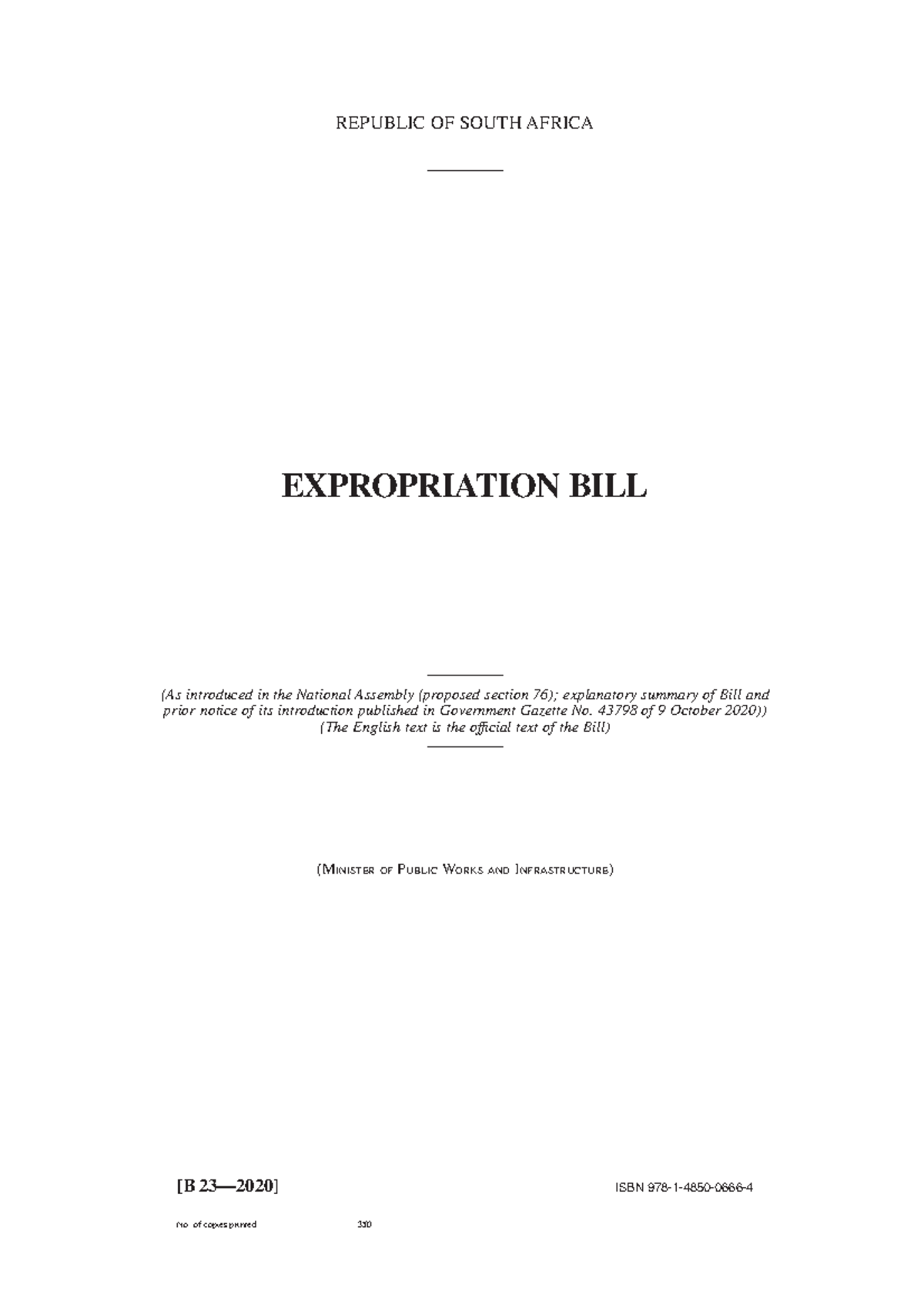 B23-2020 Expropriation - REPUBLIC OF SOUTH AFRICA EXPROPRIATION BILL ...