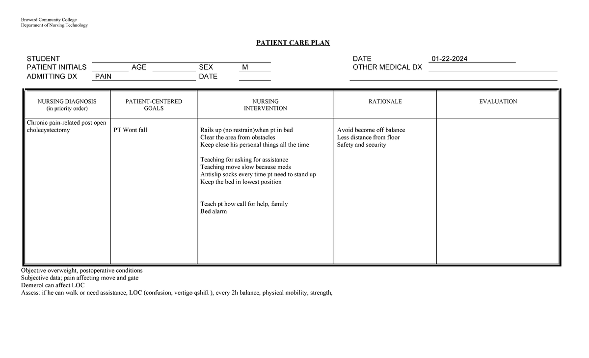 CARE PLAN form legal falls - Broward Community College Department of ...