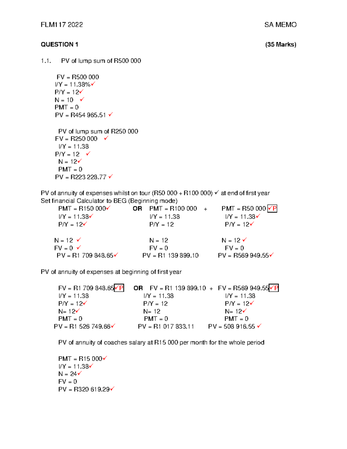 SA TEST 1 MEMO - FINANCIAL MATHEMATICS - QUESTION 1 (35 Marks) 1. PV of ...