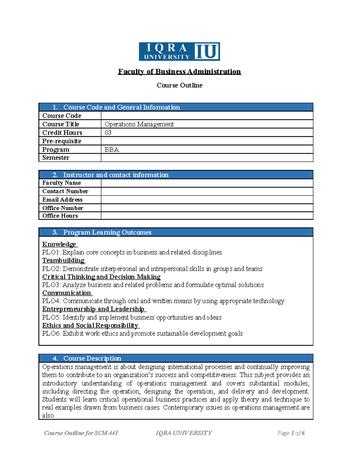 Course Outline - Uhejejej - Faculty of Business Administration Course ...