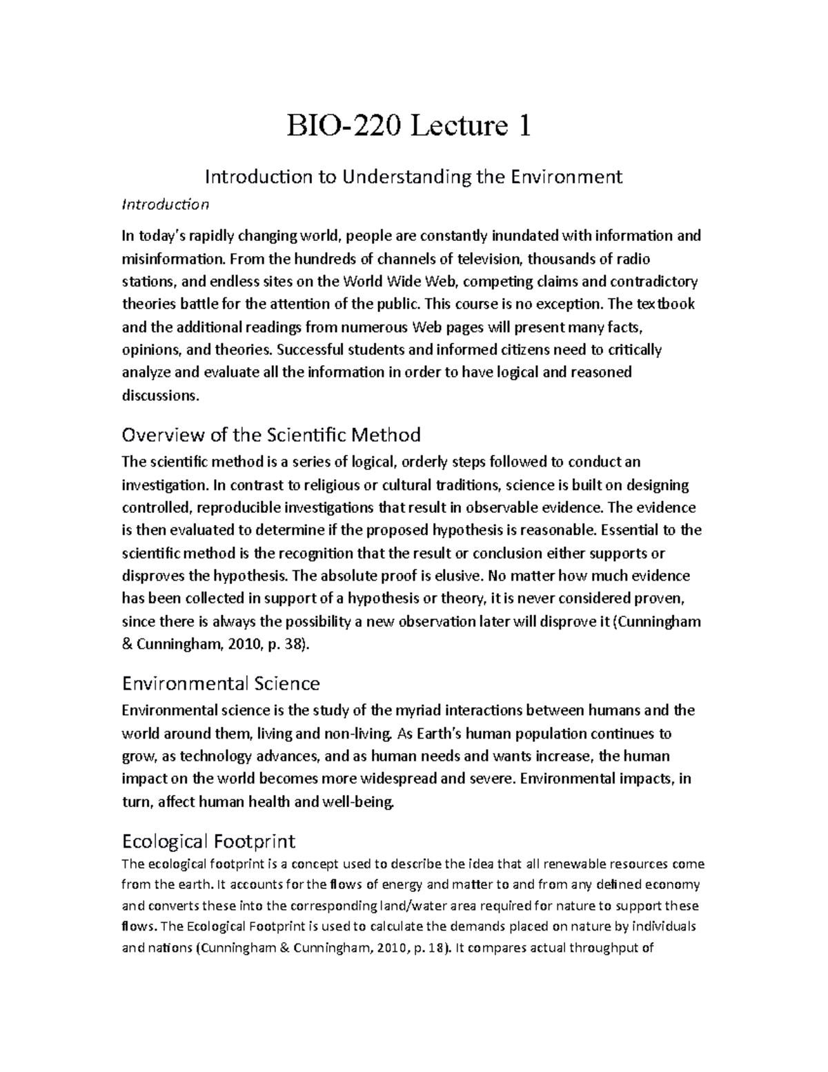 BIO 220 - 220 - BIO-220 Lecture 1 Introduction to Understanding the ...