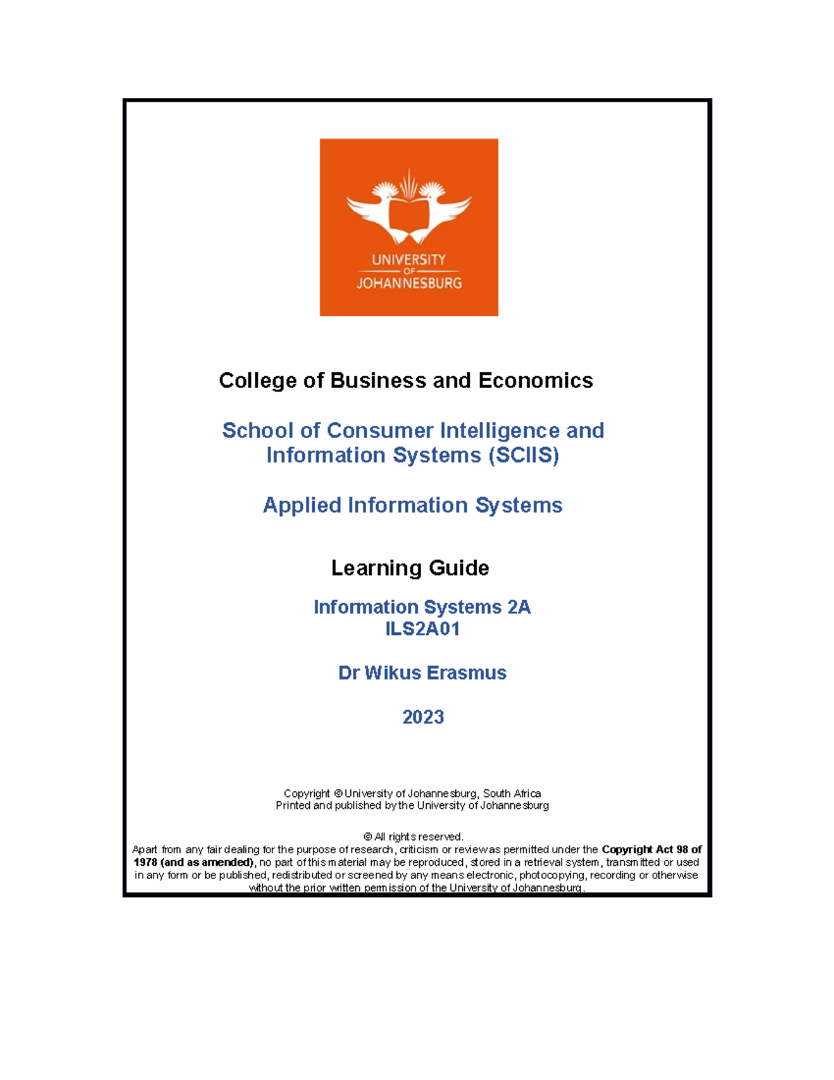 ILS2A01 Learning Guide 2023 - College of Business and Economics School ...
