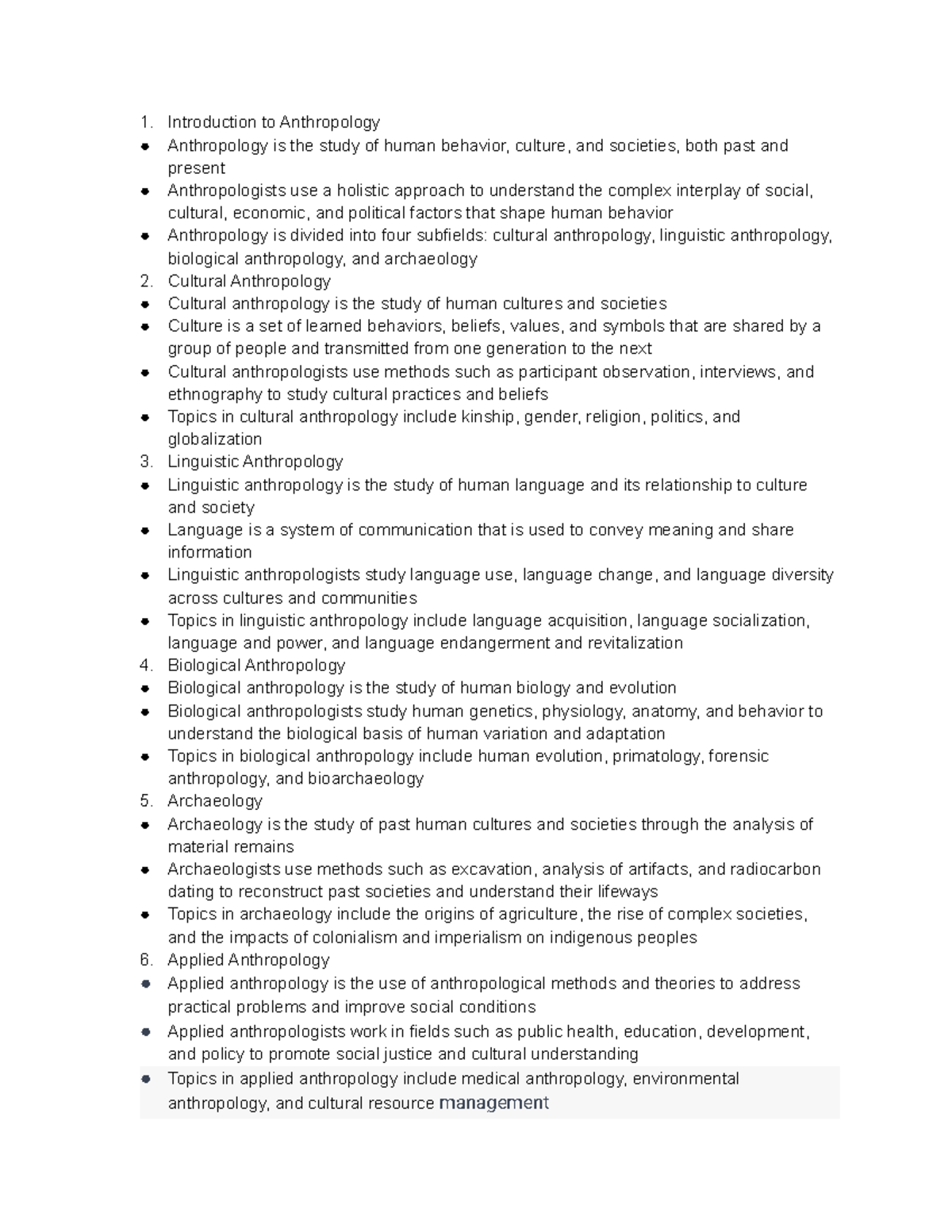 Gr 12 Anthro Notes - 1. Introduction to Anthropology Anthropology is ...