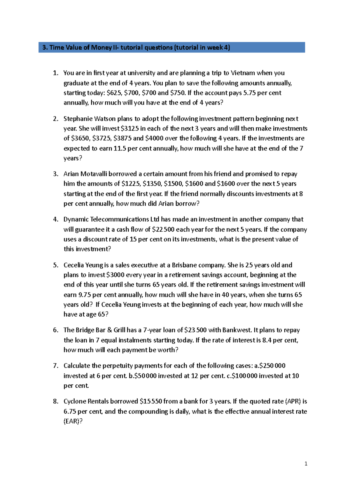 3. Tvmii Tutorial questions - Time Value of Money II- tutorial ...