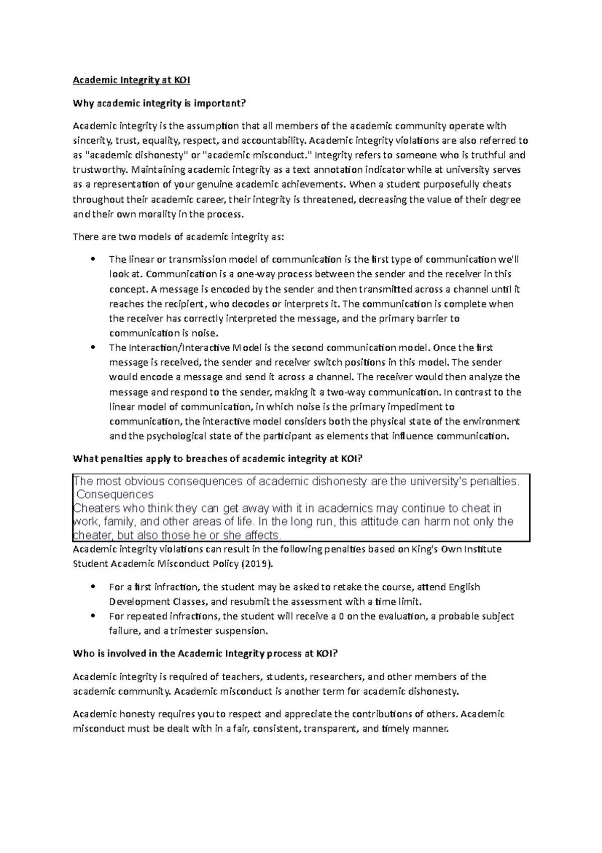 AS 345 Academic Integrity at KOI - Academic Integrity at KOI Why academic integrity is important ...