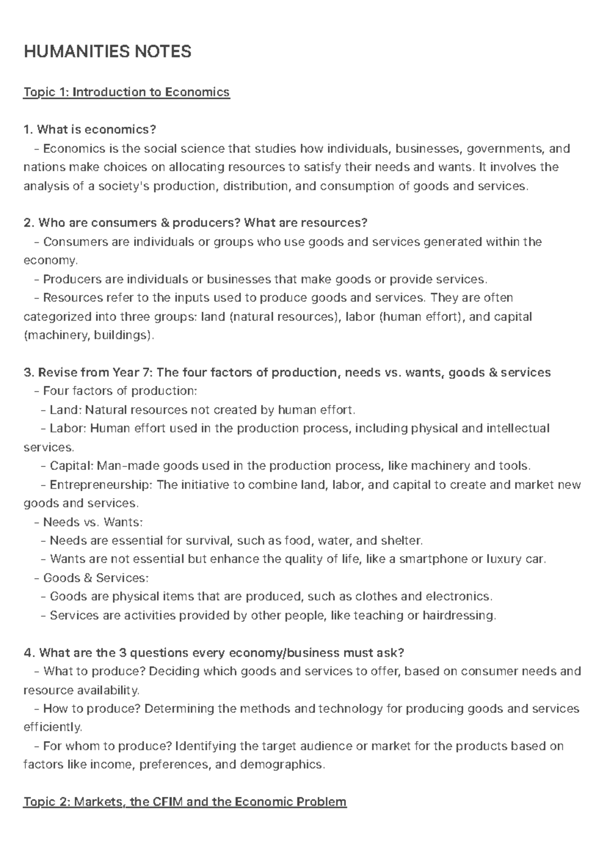 Humanities Notes - HUMANITIES NOTES Topic 1: Introduction to Economics ...