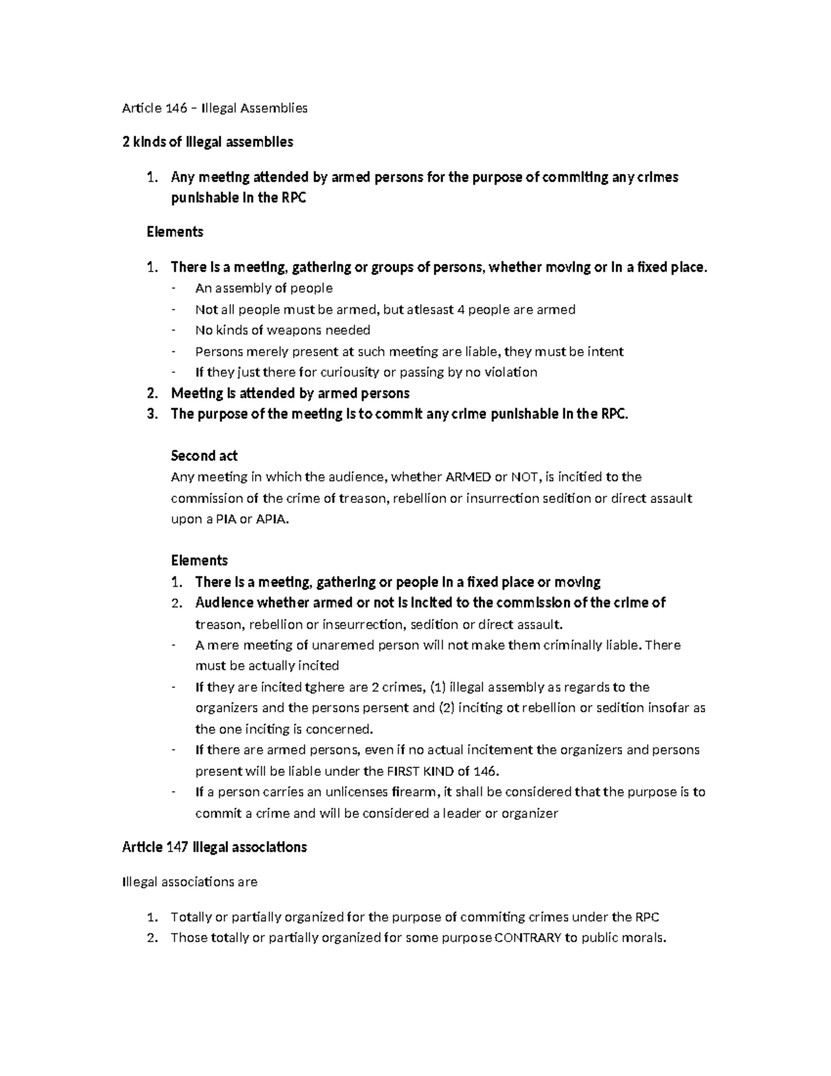 Article 146-160 - RPC elements - Article 146 – Illegal Assemblies 2 ...