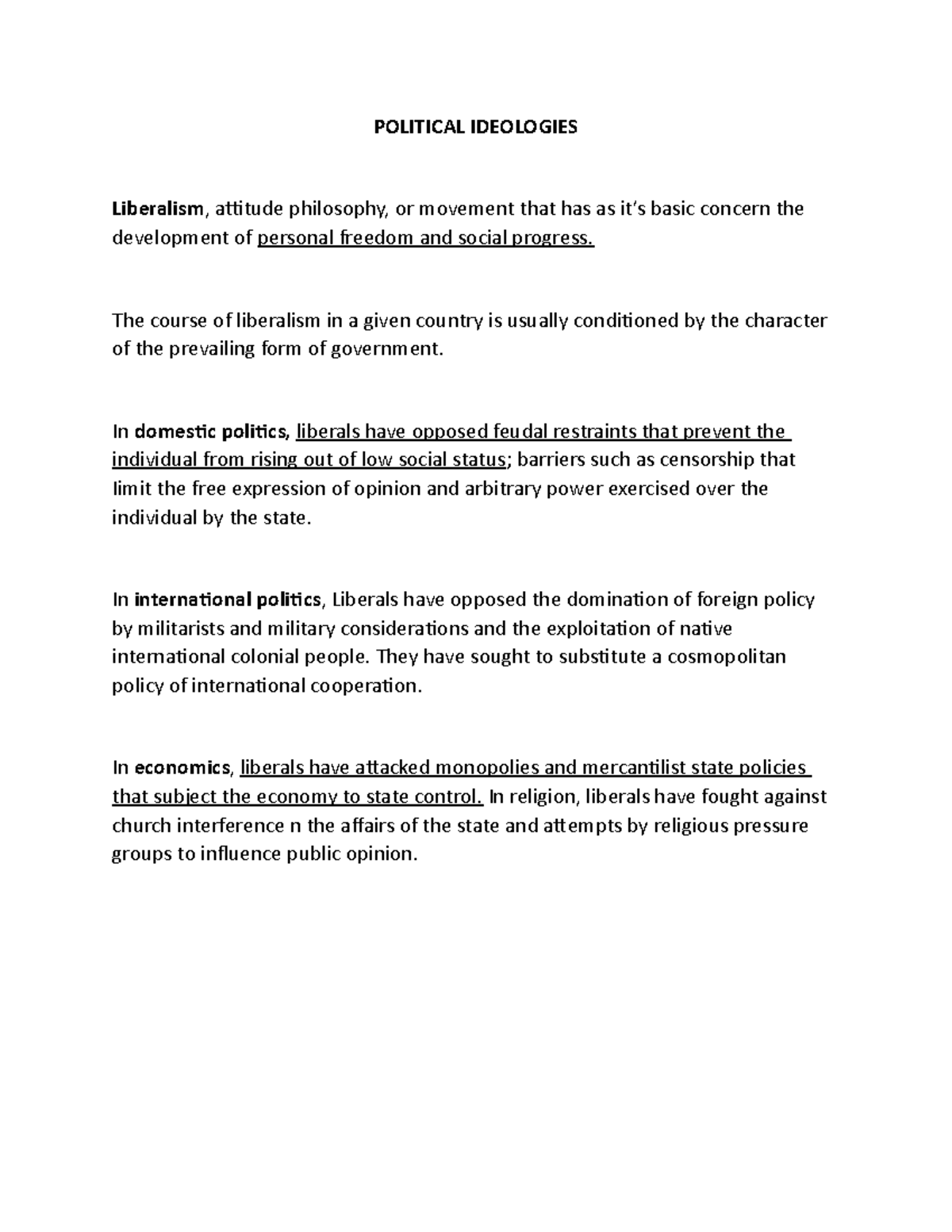 ICO%201- Midterm%20EXAM%20 Notes - POLITICAL IDEOLOGIES Liberalism ...