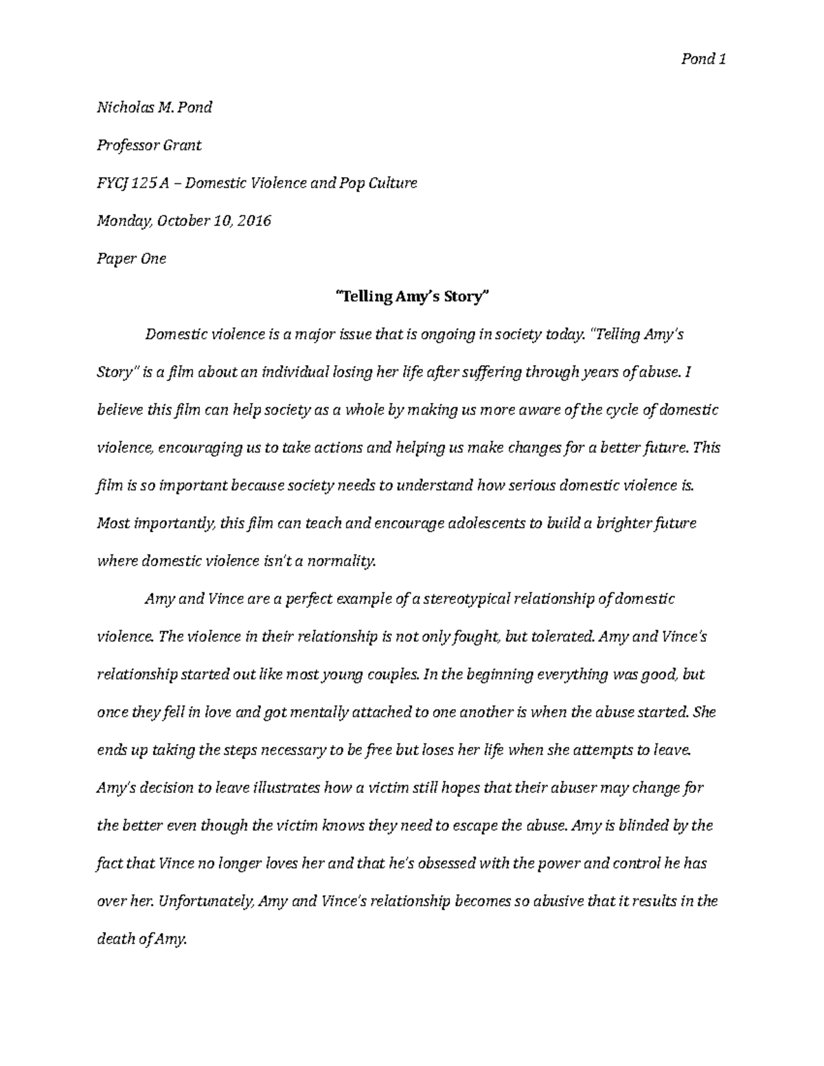 “Telling Amy’s Story” Film Report - Pond 1 Nicholas M. Pond Professor ...