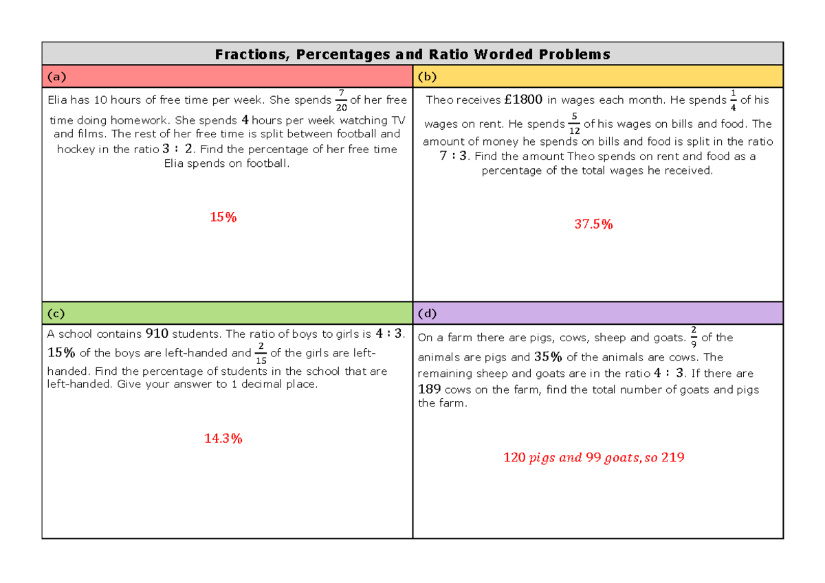 Fractions Percentages and Ratio Worded Problems Grid Answers ...