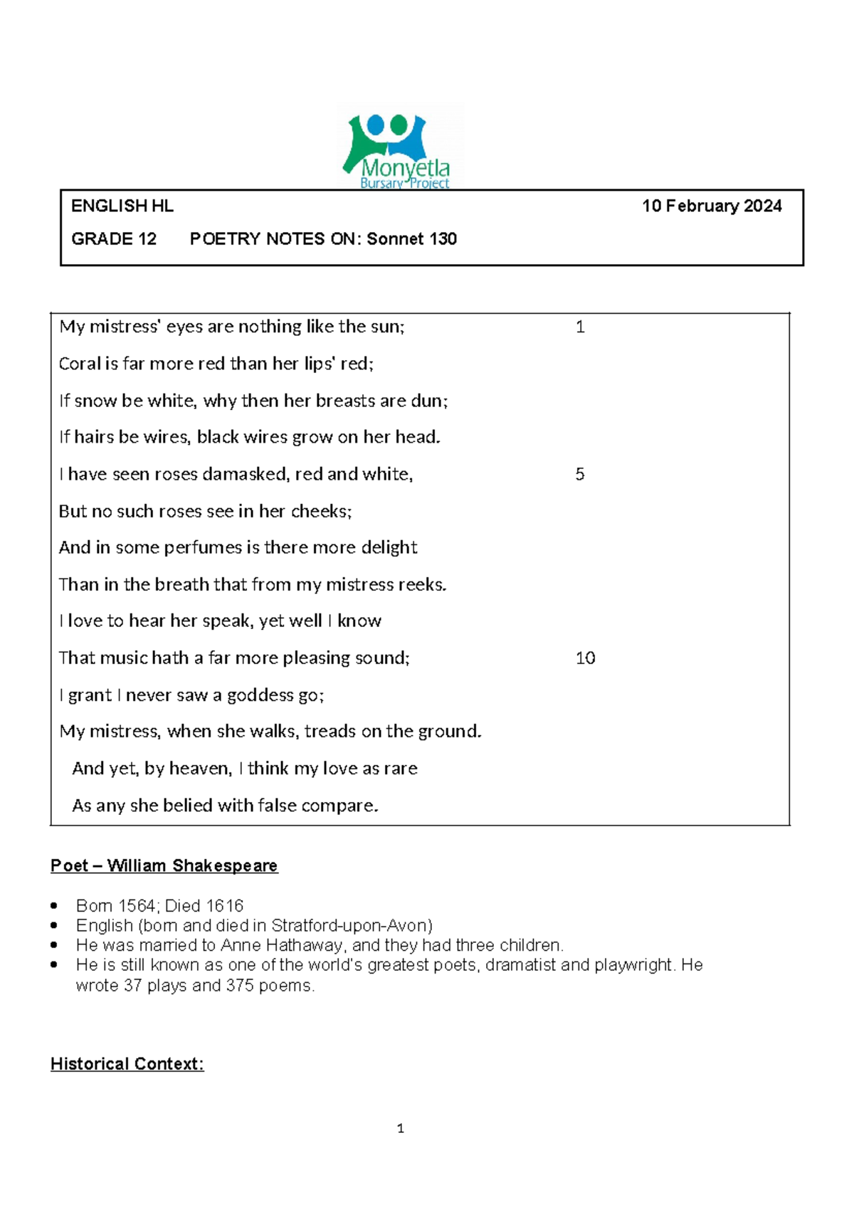 Sonnet 130 Final - Analysis - Sonnet 130 My mistress’ eyes are nothing ...