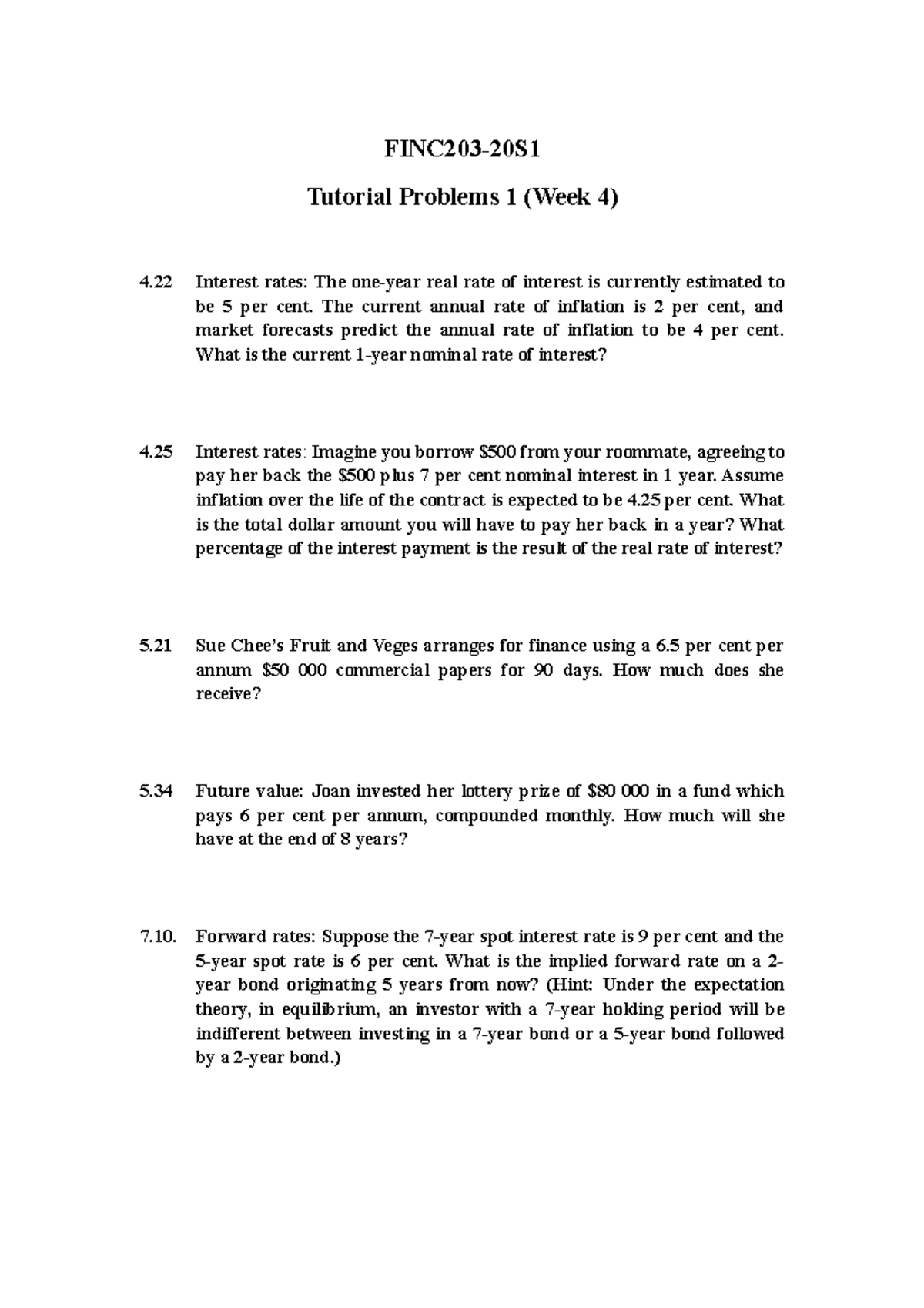 Tutorial Problems 1 (week 4) - FINC203-20S Tutorial Problems 1 (Week 4 ...