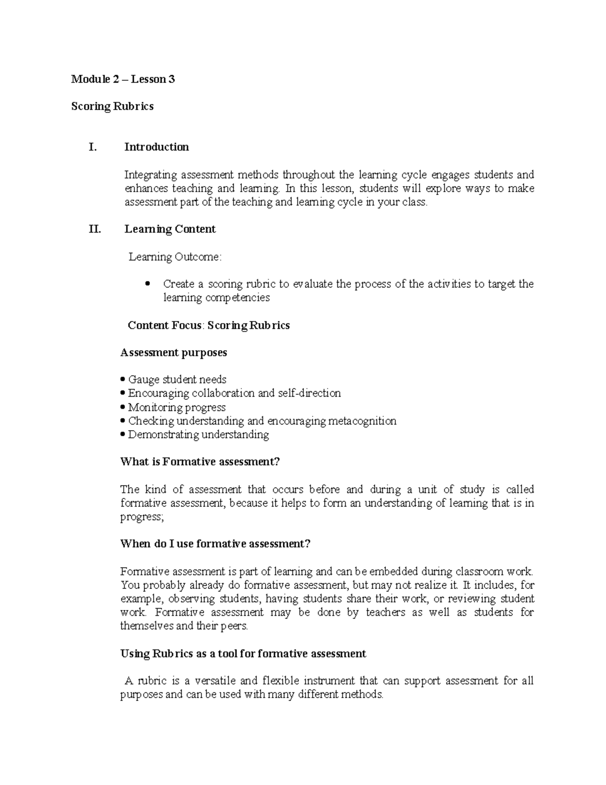 2 Module - Lesson 3 Scoring Rubrics - Module 2 – Lesson 3 Scoring ...