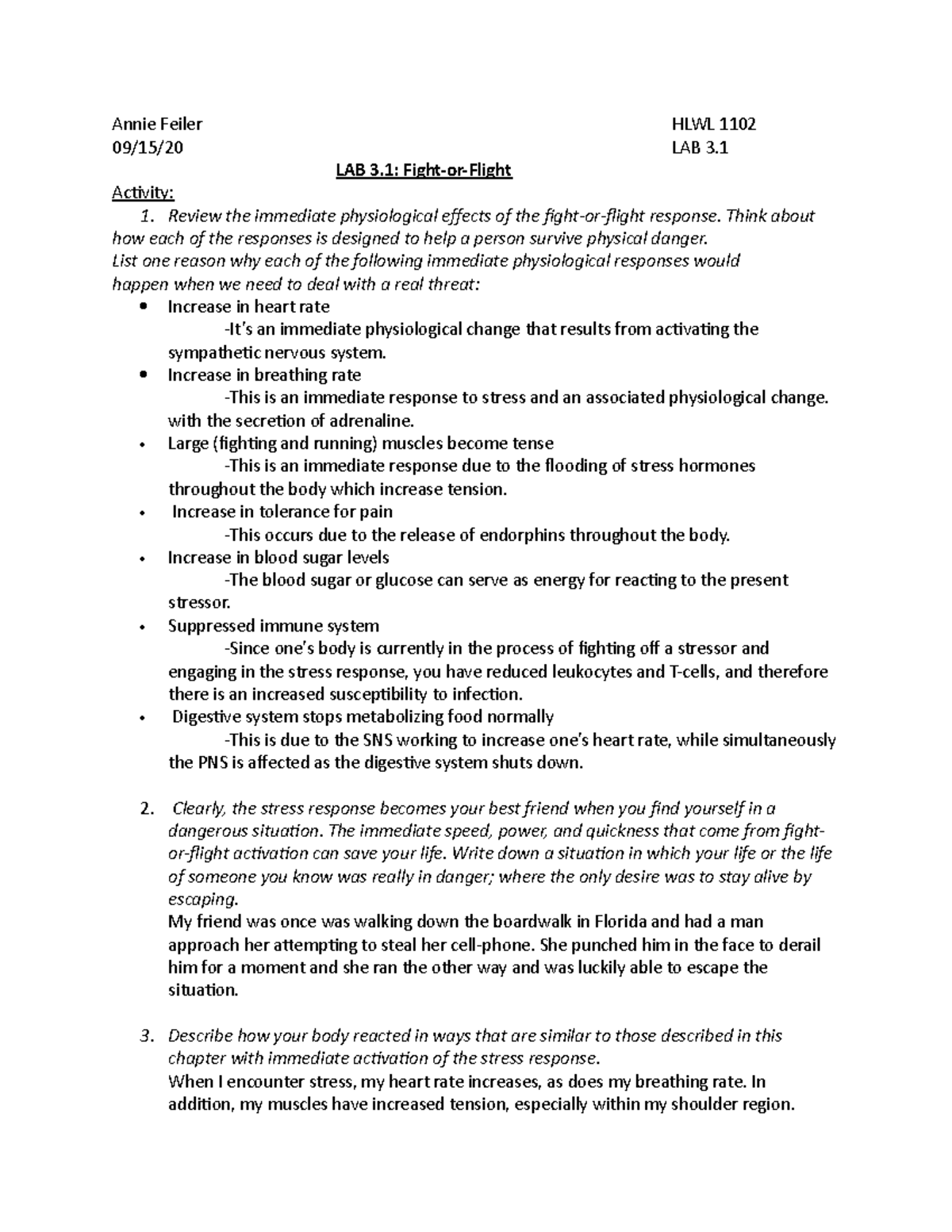 Lab 3.1 Fight-or-Flight - Annie Feiler HLWL 1102 09/15/20 LAB 3. LAB 3 ...